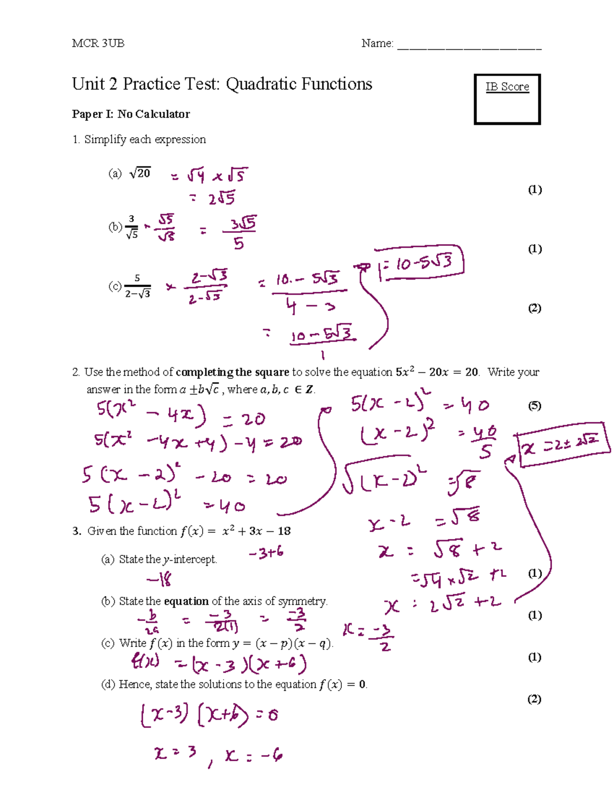 MCR 3UB Unit 2 Practice Test: Quadratic Functions No Calculator - Studocu