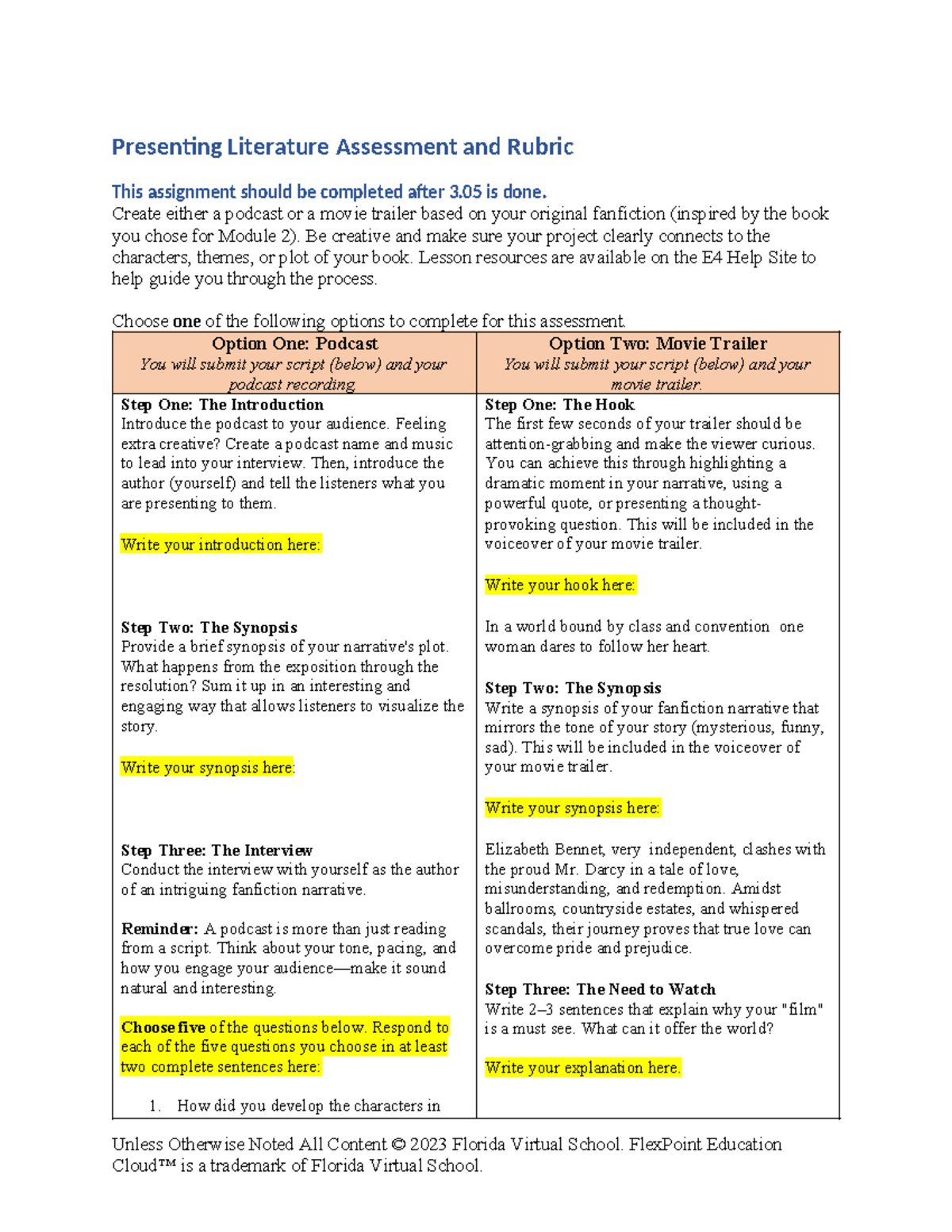 3.06 Literature Assessment: Podcast & Movie Trailer Rubric - Studocu