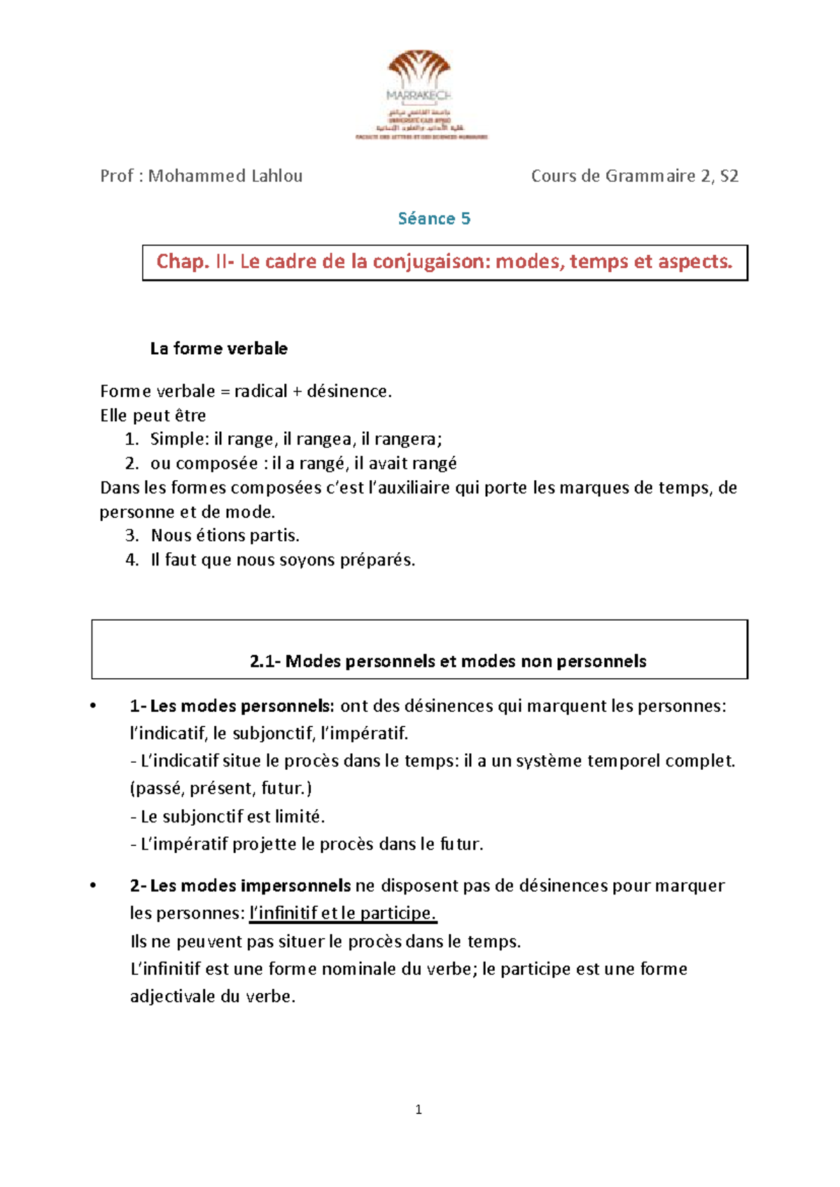 1er envoi - Séance 5 Chap. II- Le cadre de la conjugaison: modes, temps ...