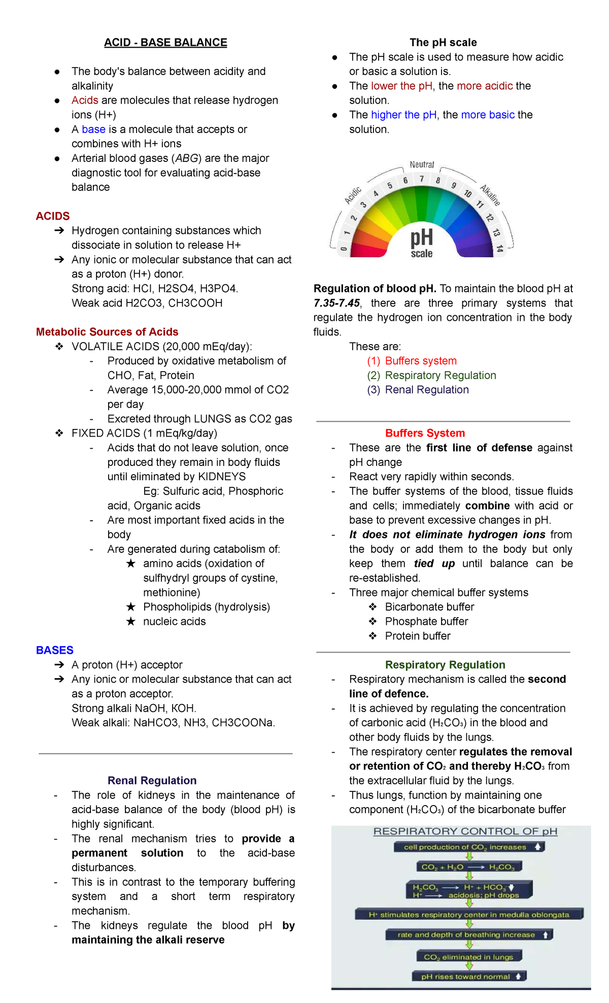 ACID-BASE Balance Lecture Notes: Understanding pH Regulation - Studocu