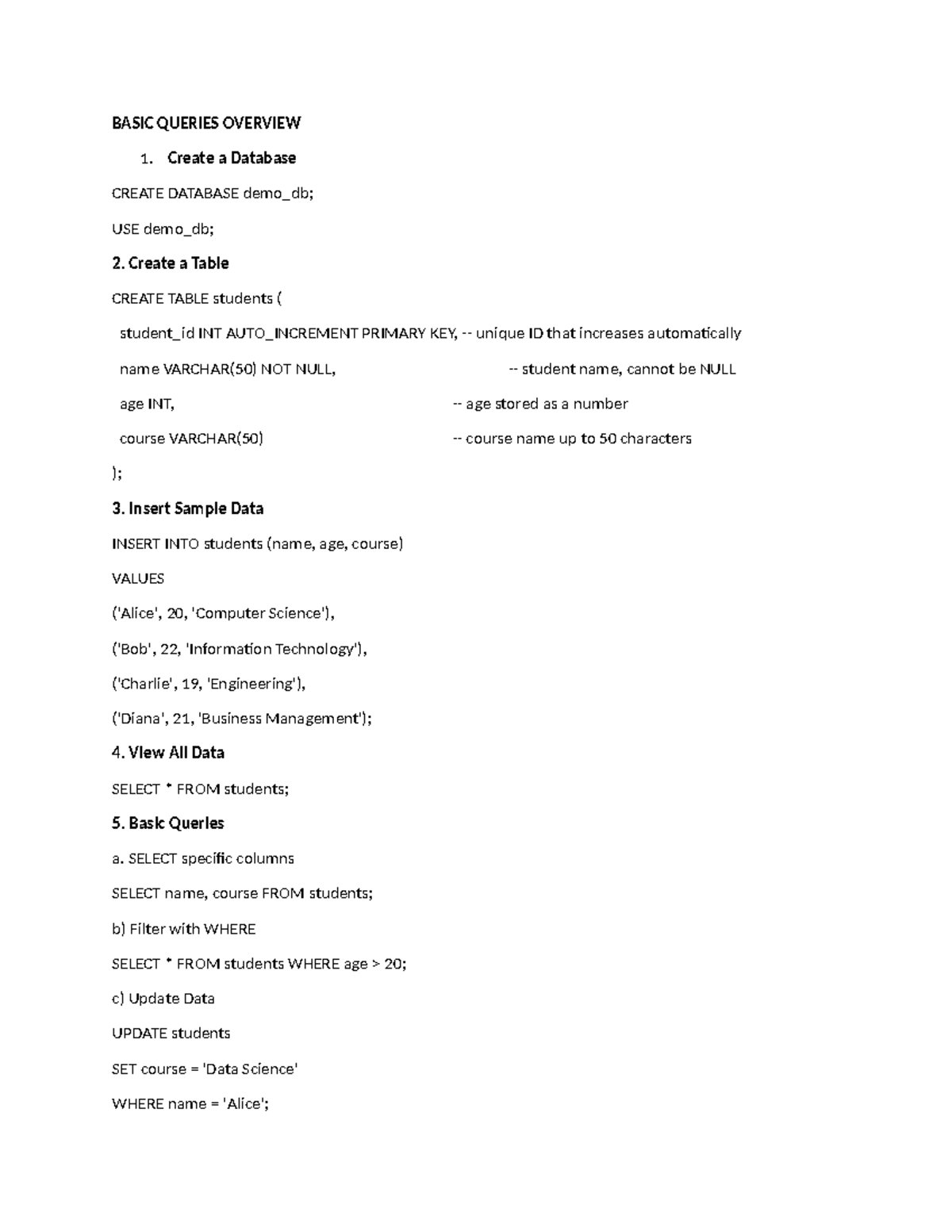 BASIC QUERIES OVERVIEW: DATABASE & TABLE CREATION - Studocu