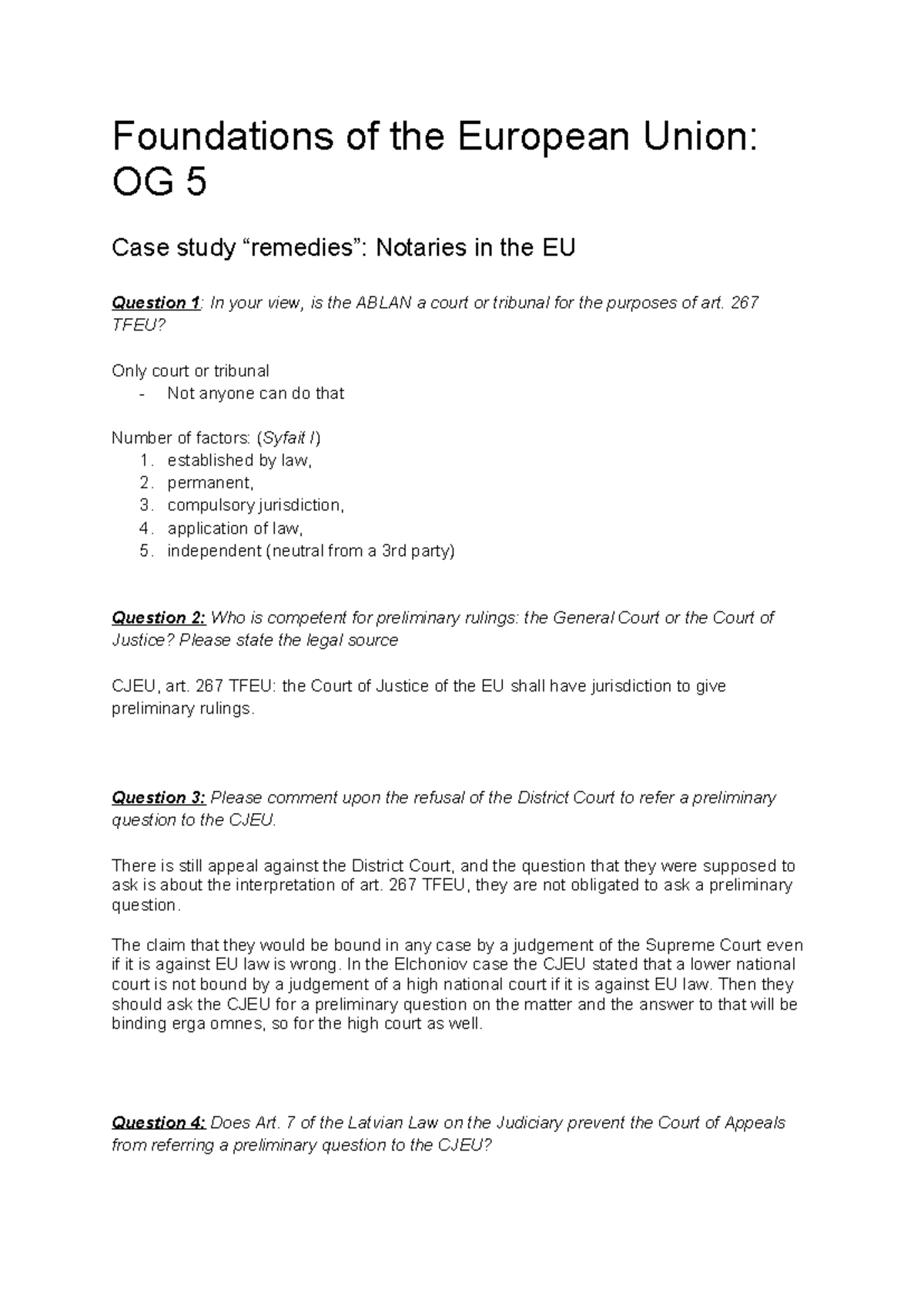 Foundations of the EU: OG 5 Case Study on ABLAN & Art. 267 TFEU - Studocu