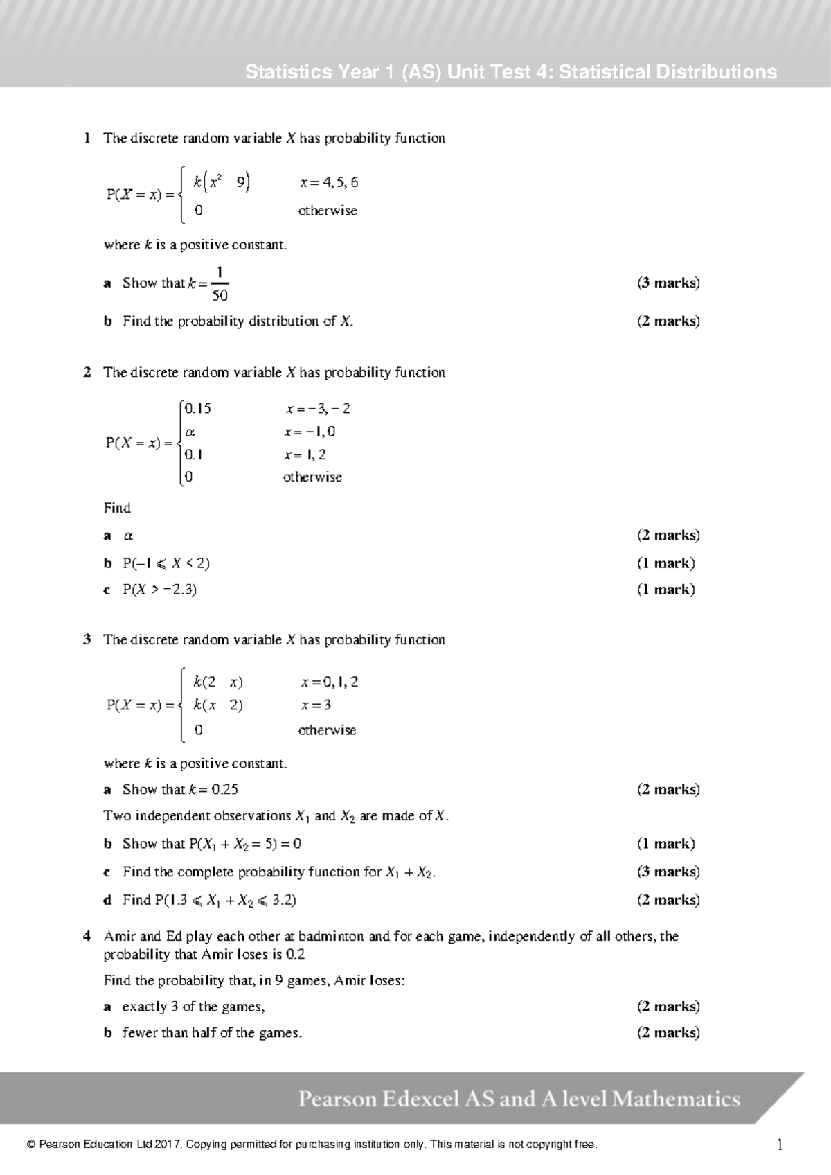 Statistics Year 1 (AS) Unit Test 4: Statistical Distributions Analysis ...