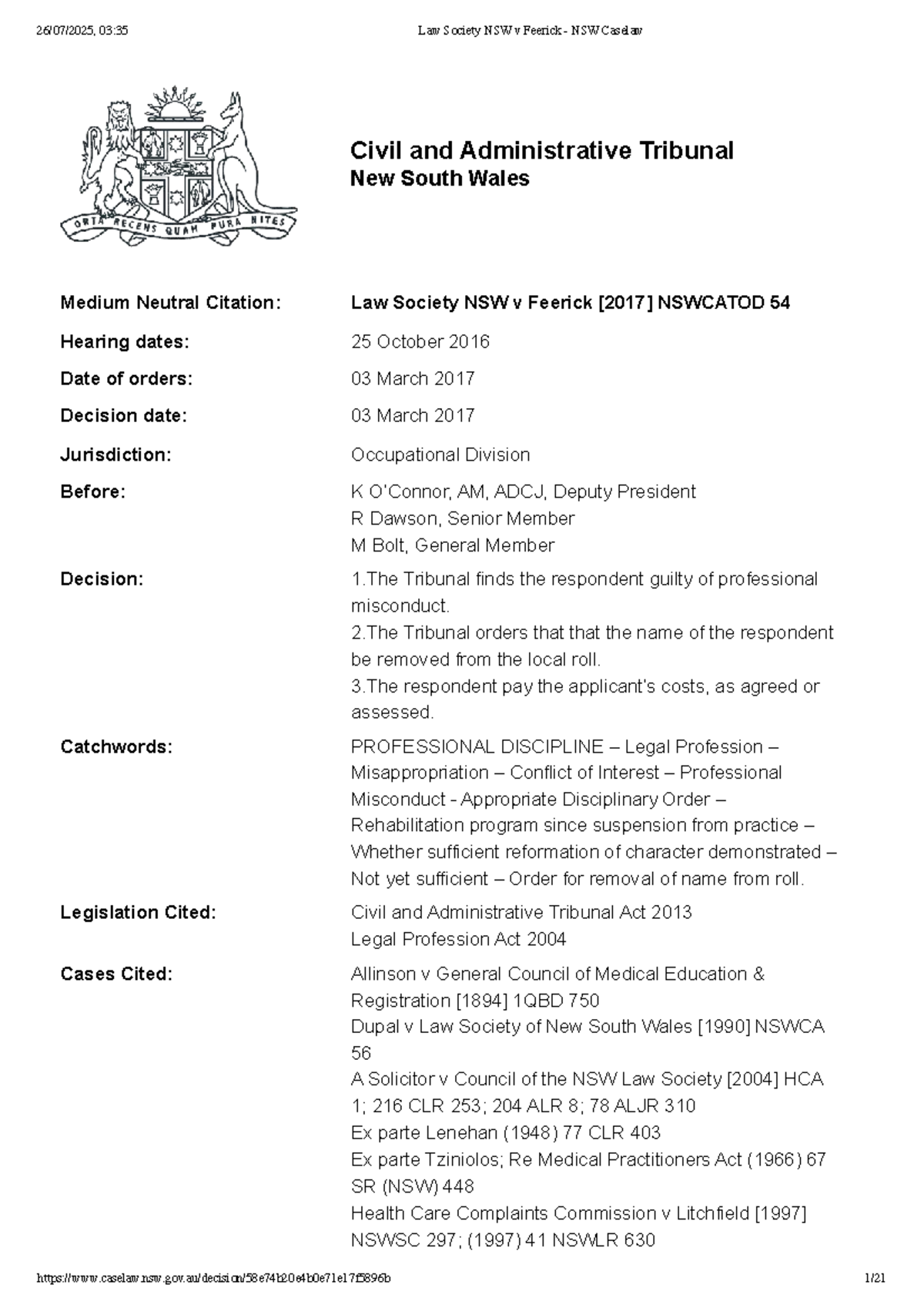 Law Society NSW v Feerick: Professional Misconduct Case Summary - Studocu