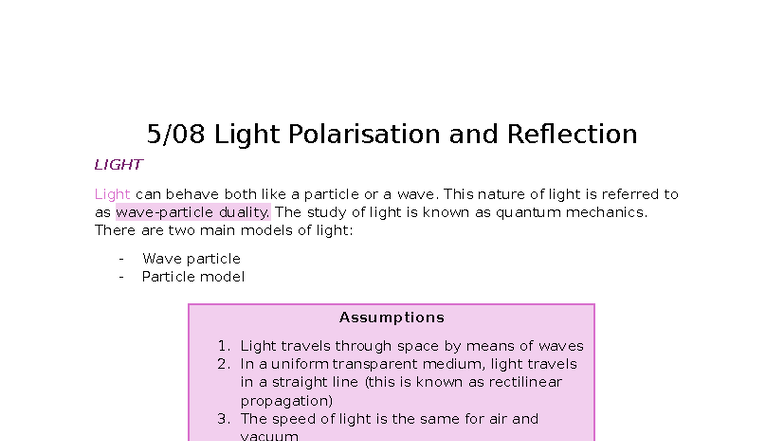 Light Polarisation and Reflection: Understanding Wave-Particle Duality - Studocu