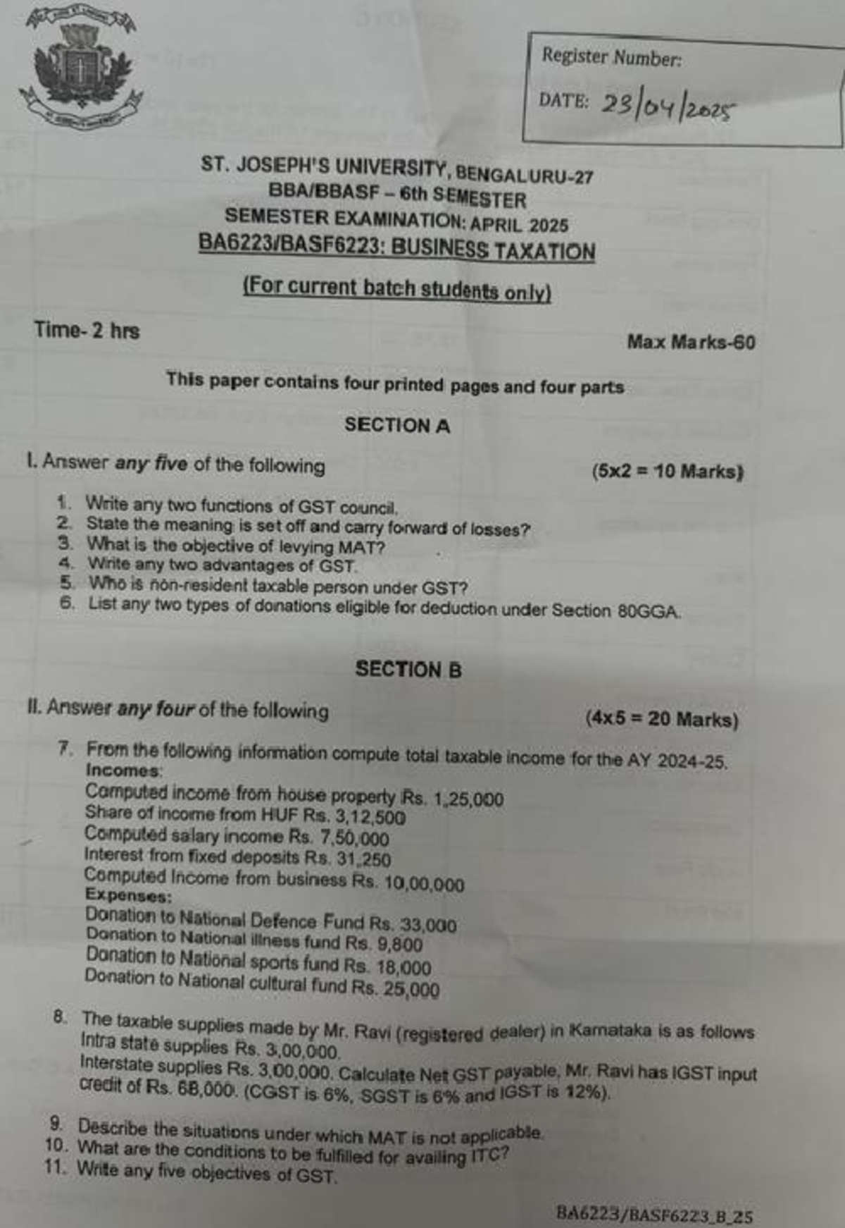ST Josephs University question paper Bengaluru 27 BBA Bbasf 6th ...
