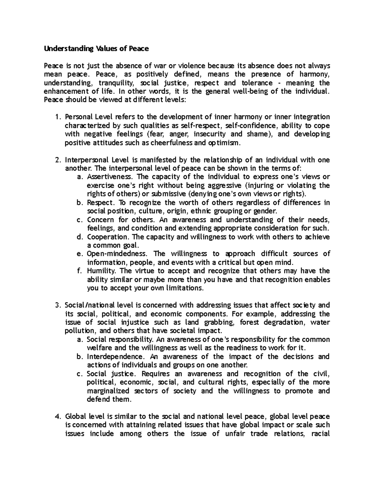 NSTP - Understanding Values of Peace - Lecture Notes - Business ...