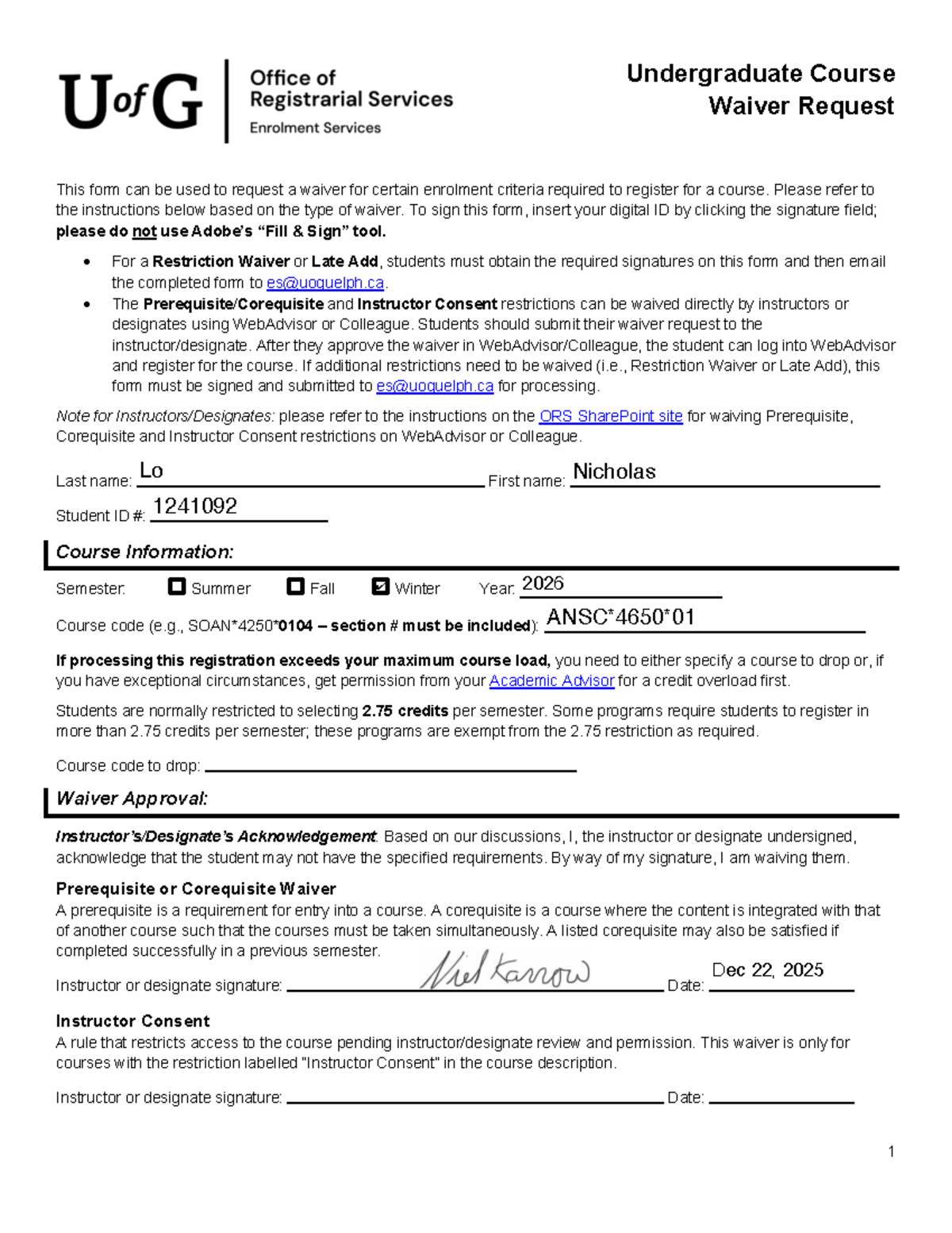 ANSC4650 Course Waiver Request Form for Enrollment Criteria - Studocu