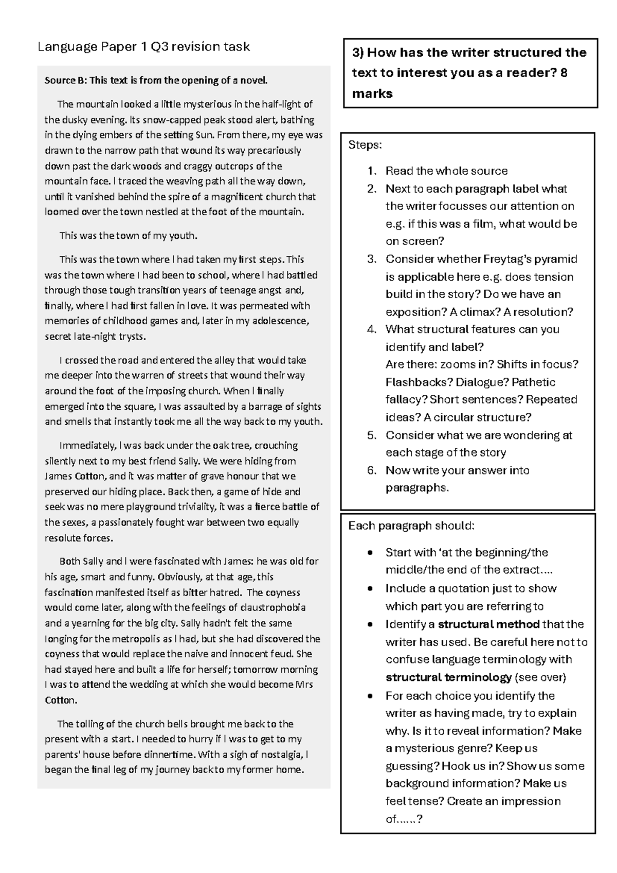 Year 11 - P1 Q3 Revision Task: Analyzing Novel Structure and Techniques ...