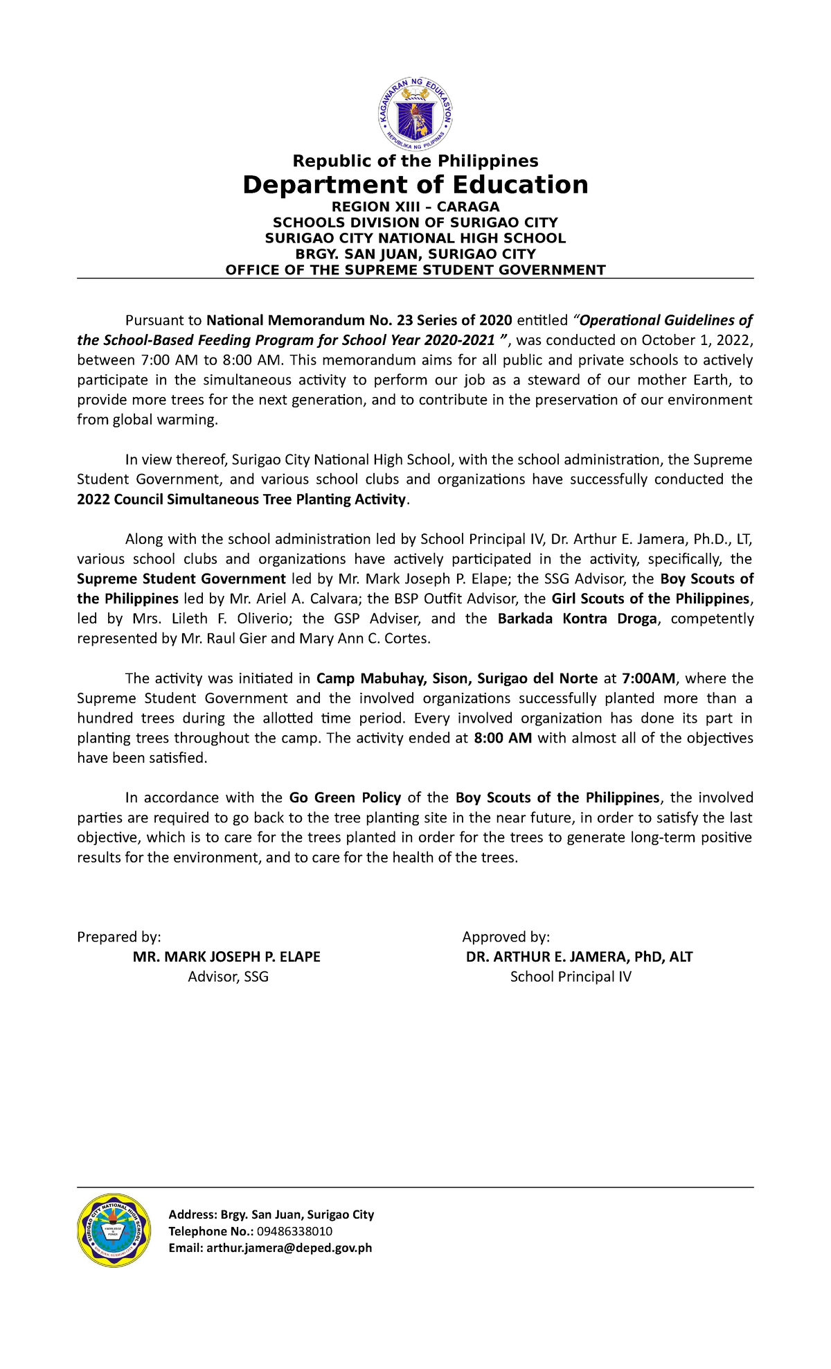 Narrative Report on the 2022 Tree Planting Activity at SCNHS - Studocu