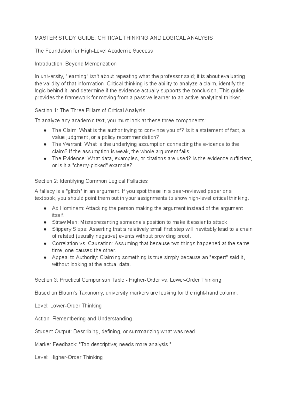 MASTER STUDY GUIDE: CRITICAL THINKING & LOGICAL ANALYSIS - Studocu