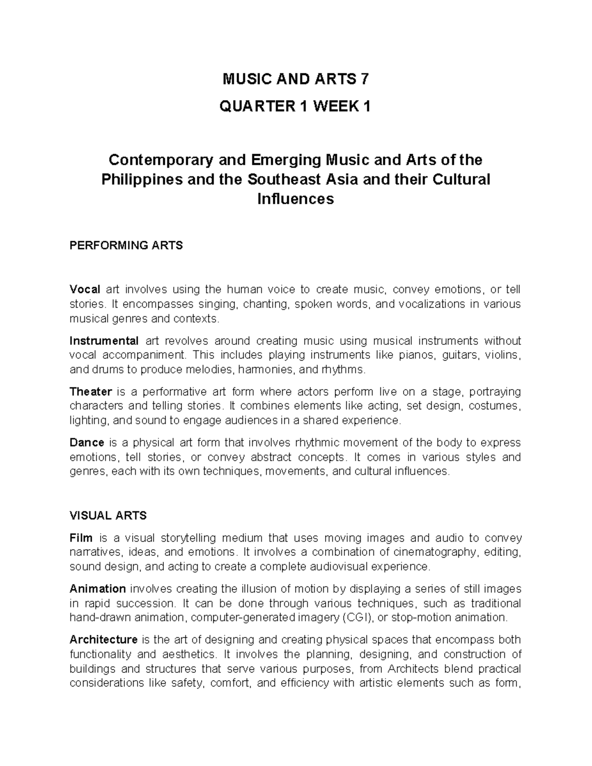 MUSIC AND ARTS 7: Notes on Performing & Visual Arts Analysis - Studocu
