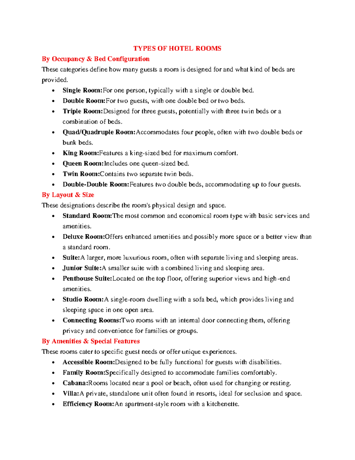 Types of Hotel Rooms: Occupancy, Layout, and Amenities Vocab - Studocu