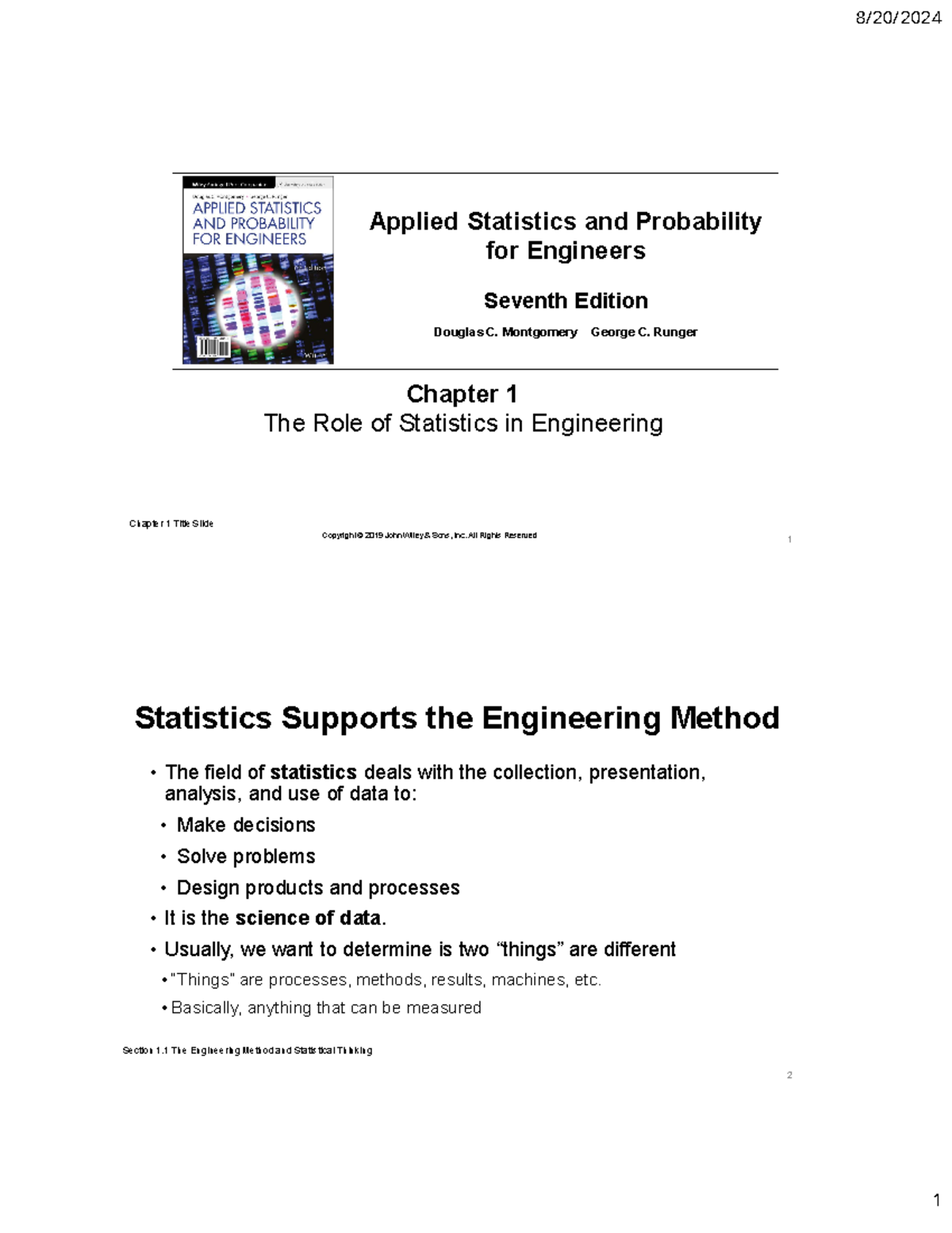 Applied Statistics in Engineering: Chapter 1 Overview & Methods - Studocu