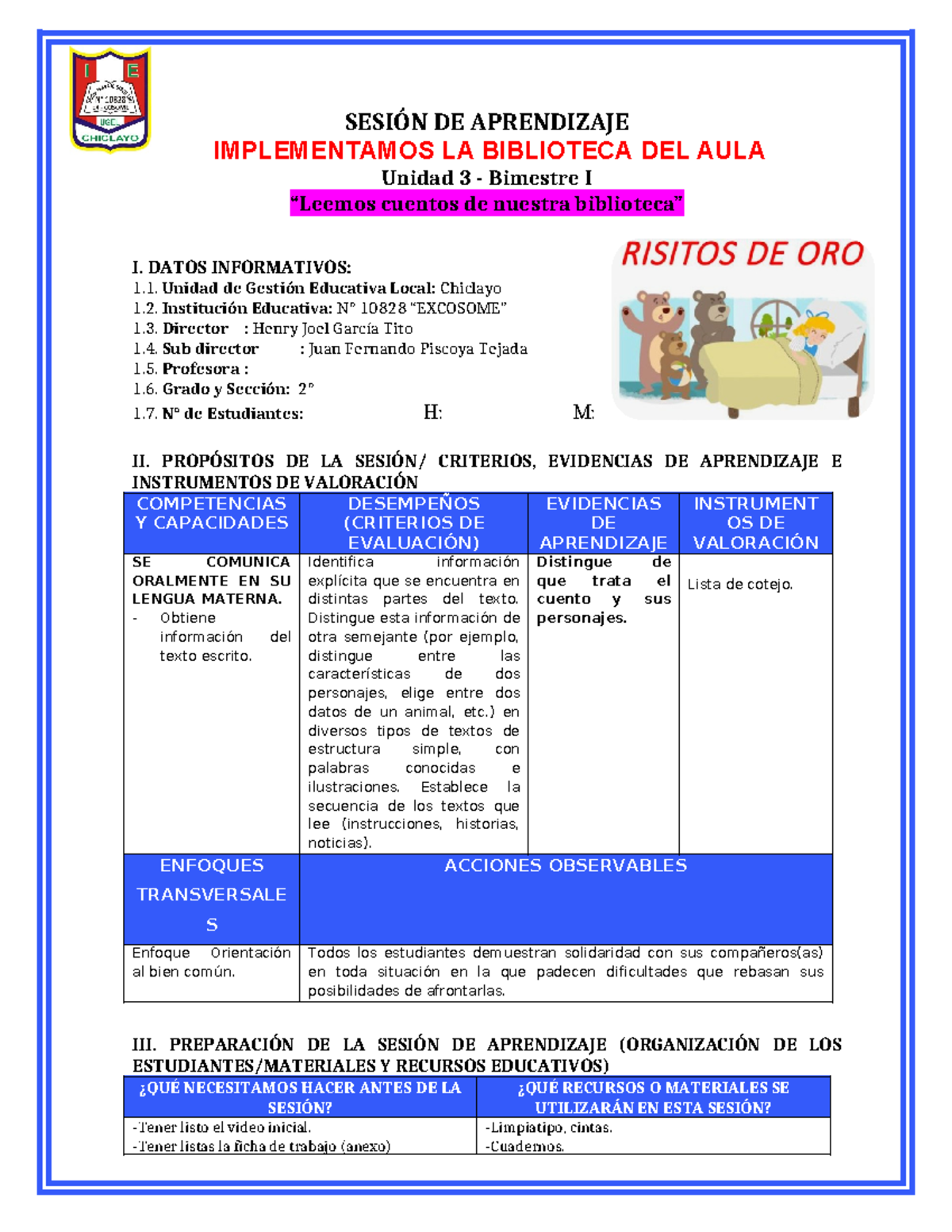 Sesión de Aprendizaje: Leemos Cuentos - Unidad 3 Bimestre I - Studocu