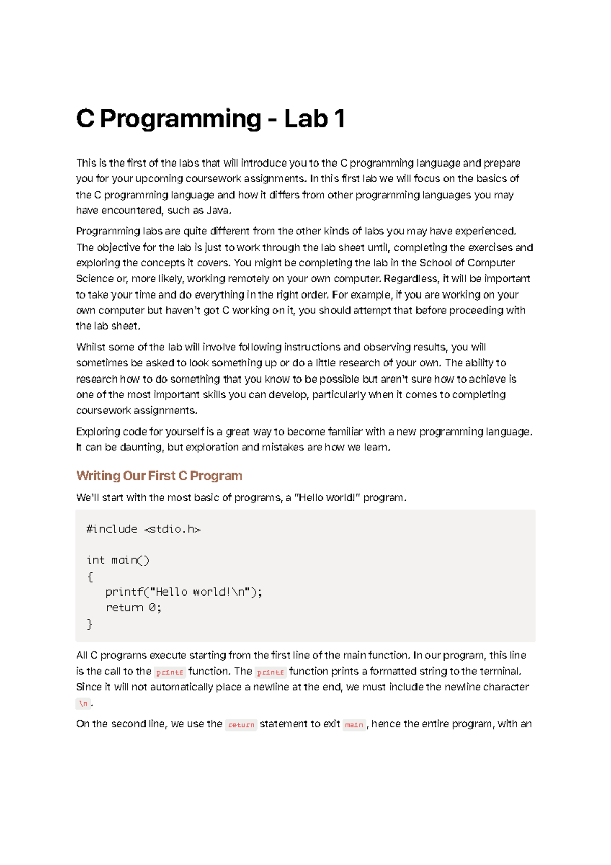 C Programming - Lab 1: Introduction to Basics and Exercises - Studocu