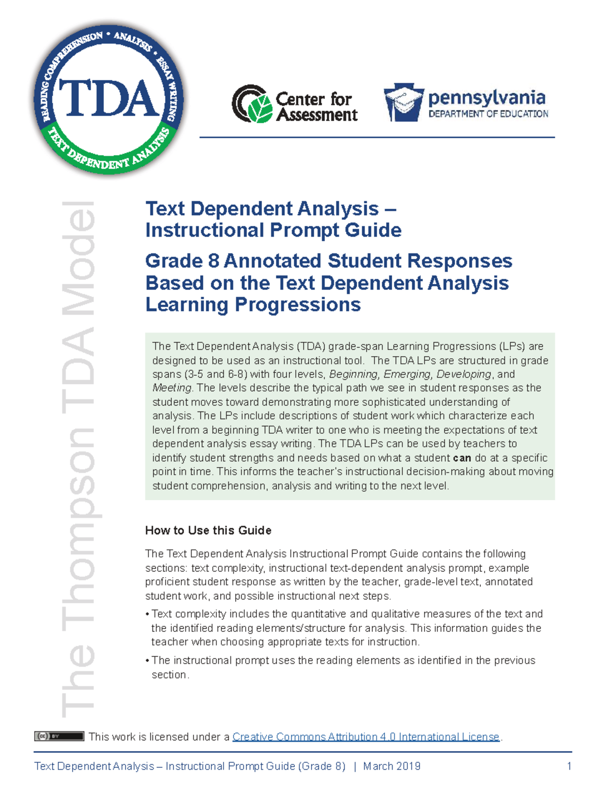 TDA LP Guide: Grade 8 Text Dependent Analysis & Student Responses - Studocu