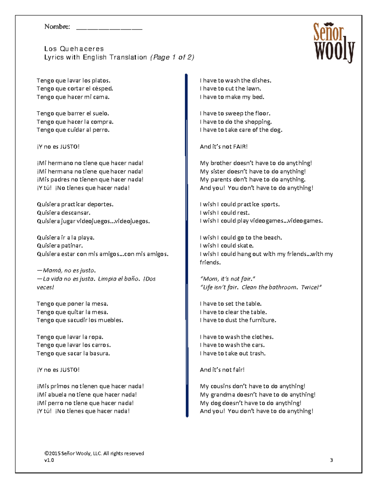 Los Quehaceres - worksheet - Nombre: __________________ ©2015 Señor ...