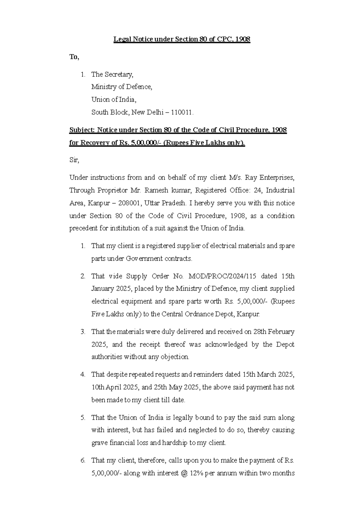 Legal Notice under Sec. 80 of CPC for Recovery of Rs. 5 Lakhs - Studocu