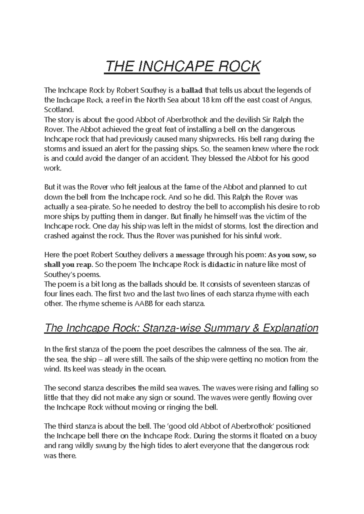 The Inchcape Rock: Summary & Analysis Notes - Studocu