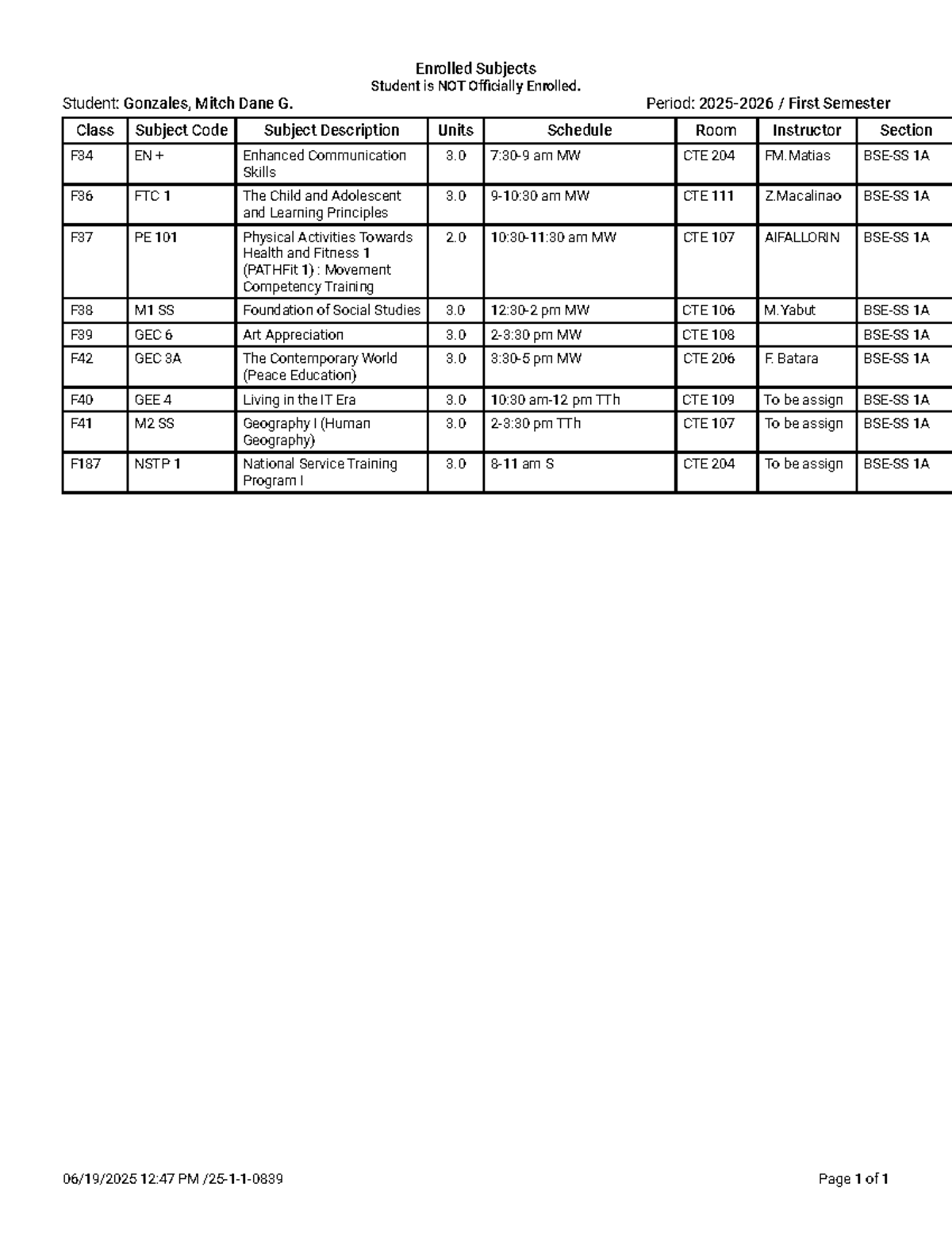 BSED-SS F34-F42 Course Schedule - First Semester Overview - Studocu
