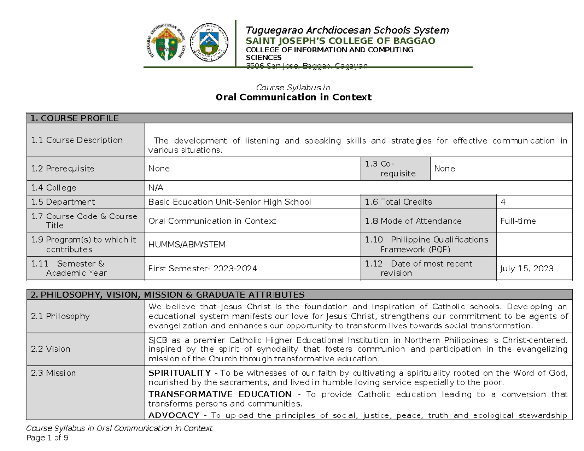 Syllabus: Oral Communication in Context - Senior High School 1 (HUMMS ...