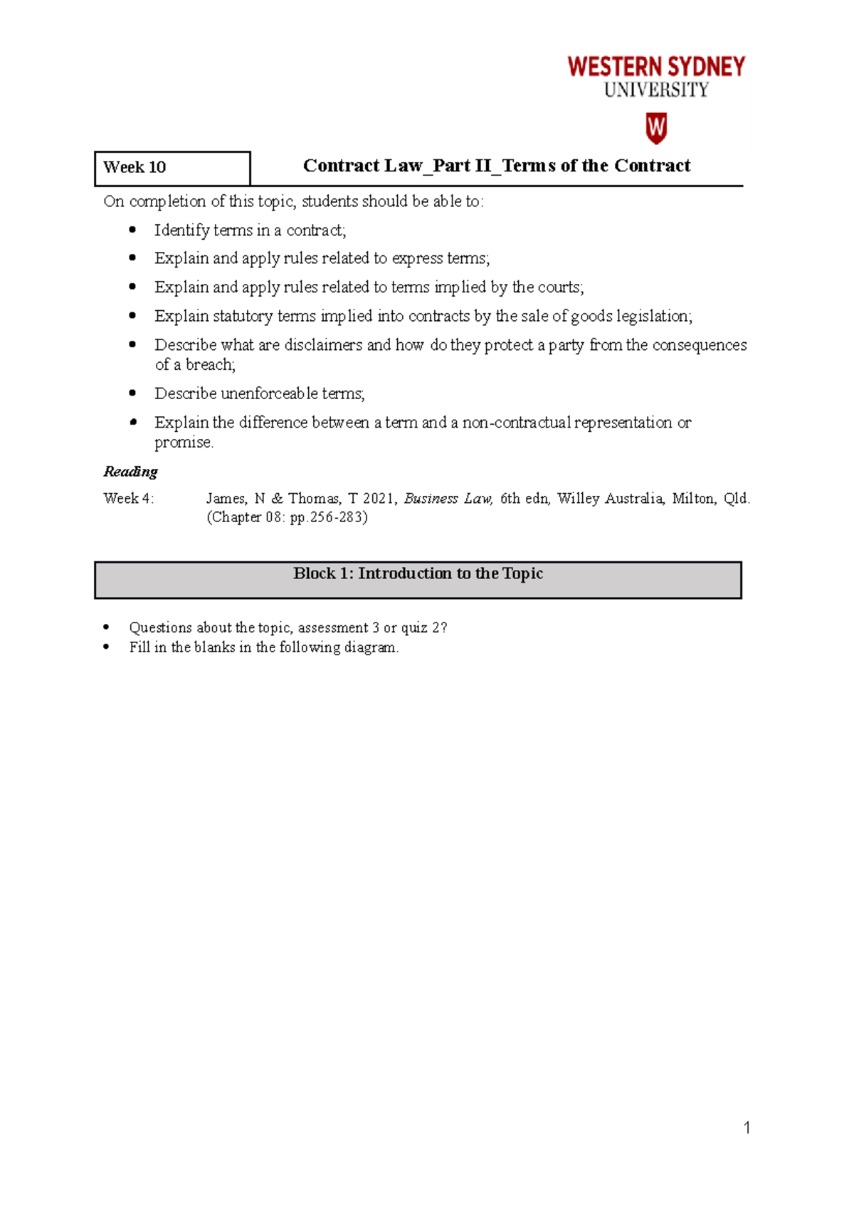 LAWS1001 Week 10 Tutorial Guide - Week 10 Contract Law_Part II_Terms of ...