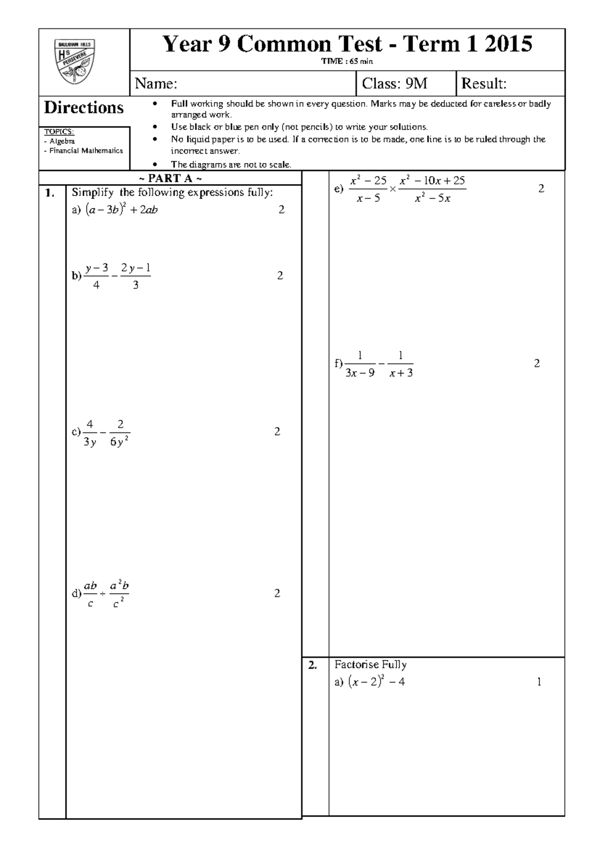 Year 9 T1 2015 Common Test - Algebra & Financial Math - Studocu