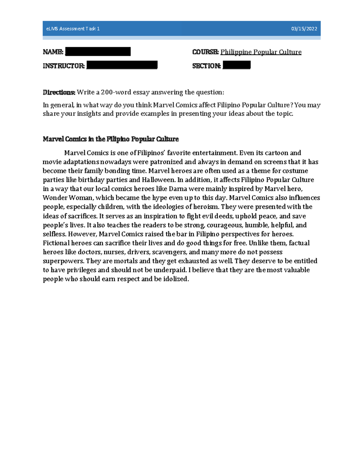 E LMS Assessment task1 How Marvel Comics affect Filipino Popular Culture - eLMS Assessment Task ...