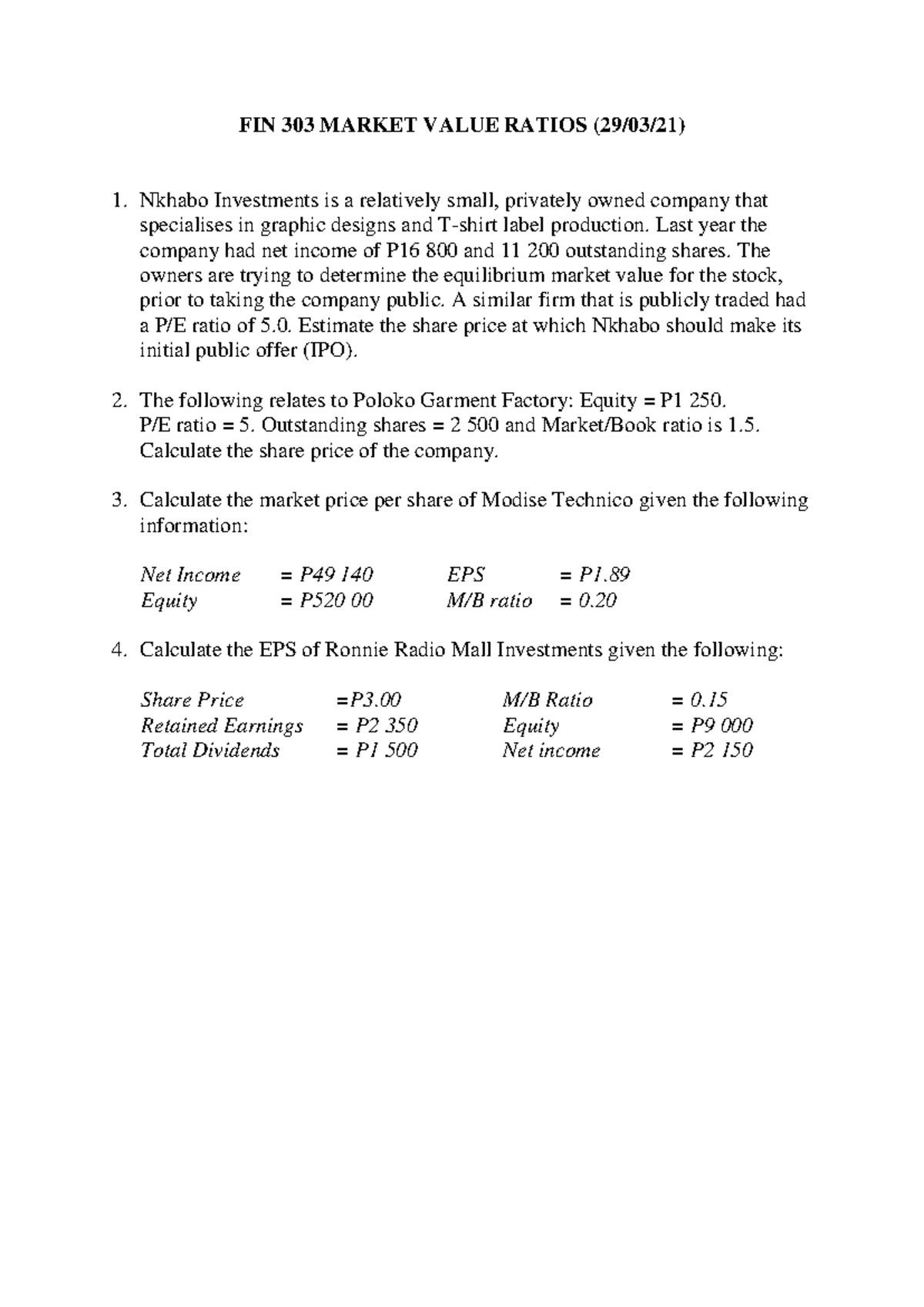 FIN 303 Market Value Ratios Exercises for IPO Valuation 2021 - Studocu