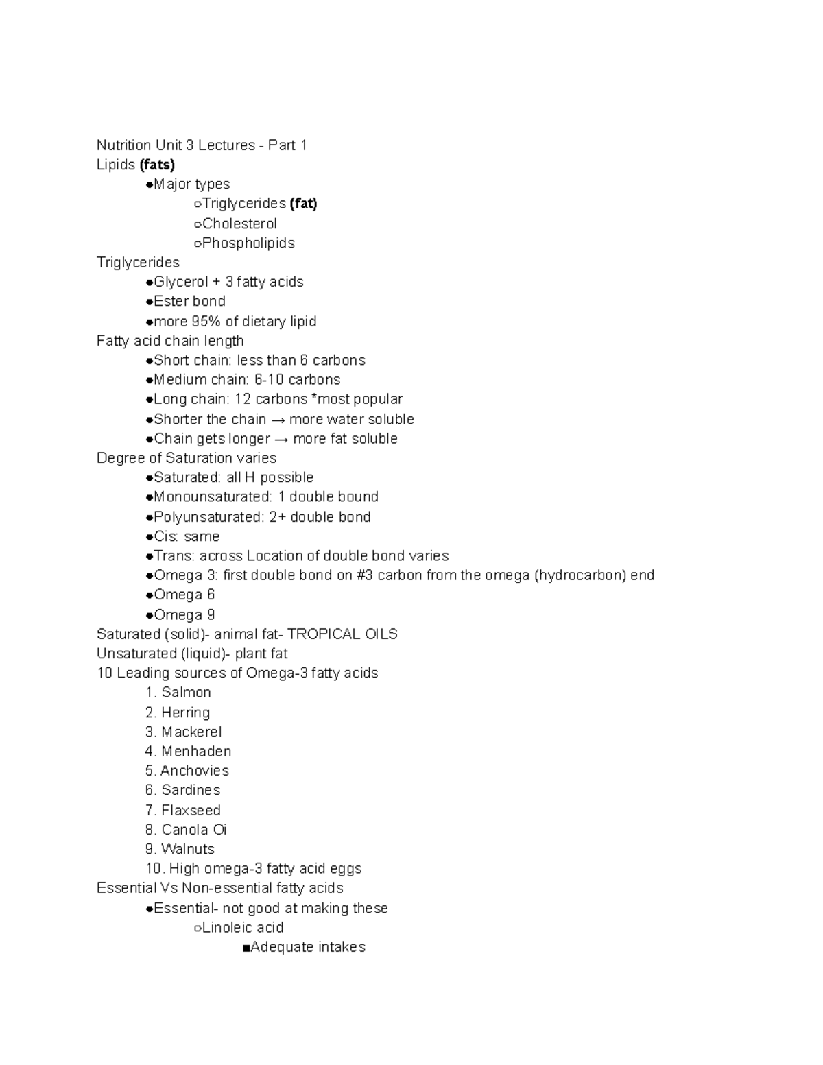 NUTR 201 - Exam 3 Notes on Lipids and Essential Fatty Acids - Studocu
