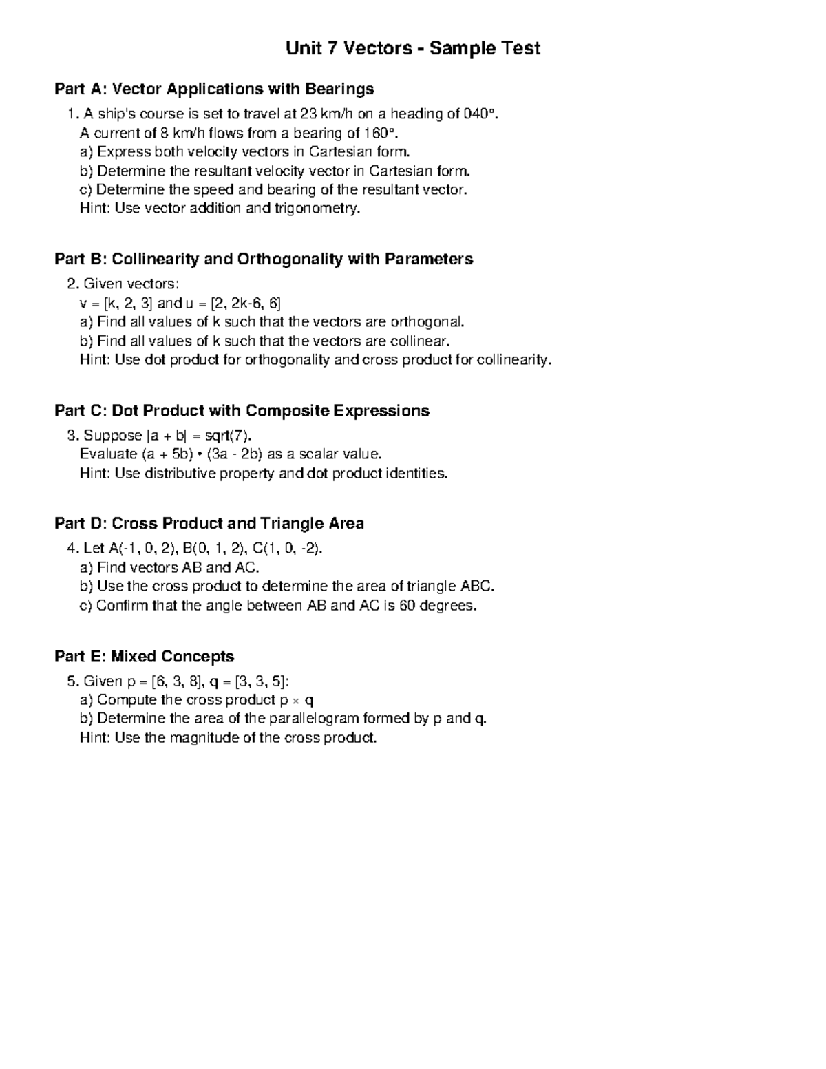 Unit 7 Vectors Sample Test: Applications, Properties & Concepts - Studocu