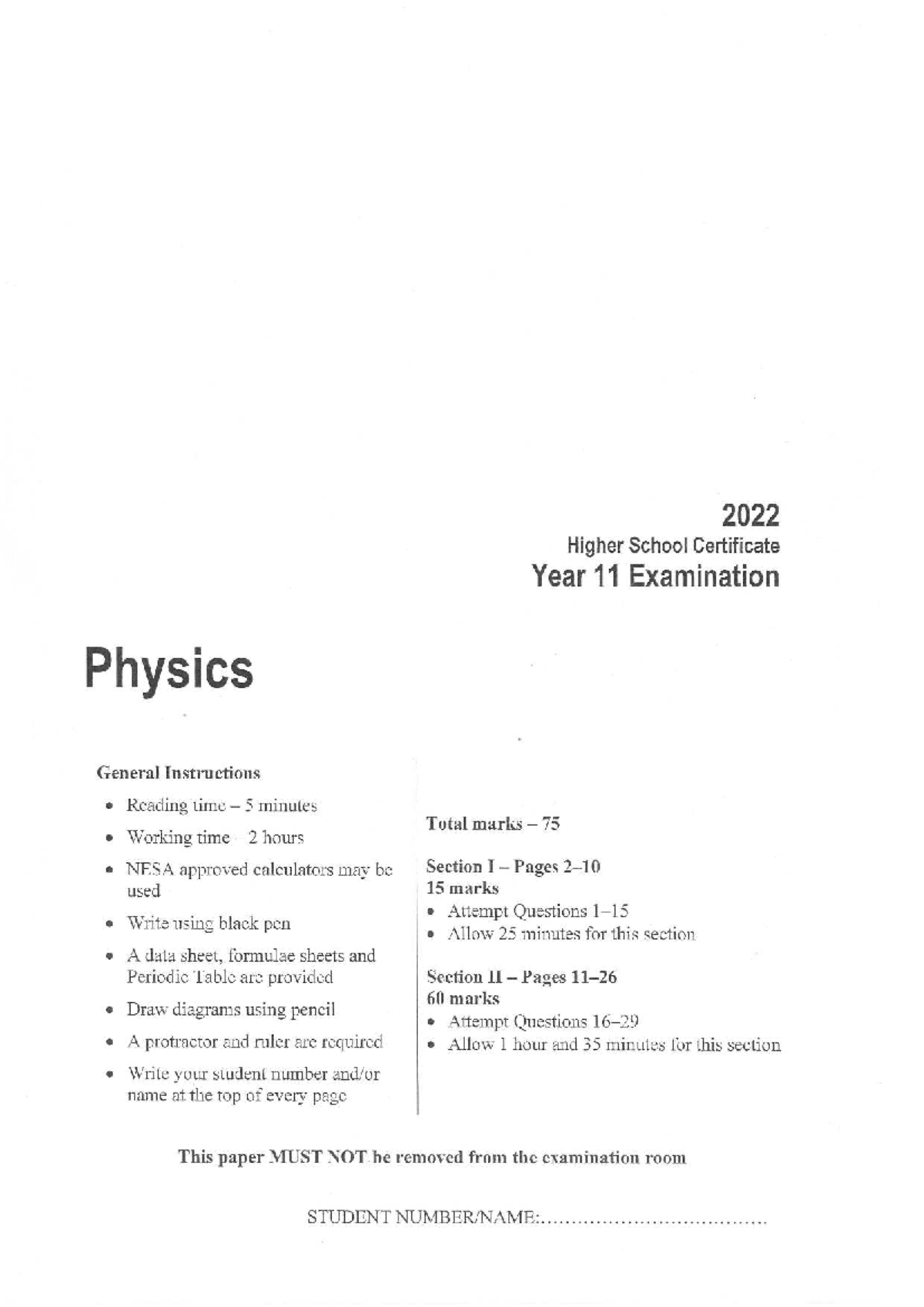 2022 HSC Year 11 Physics Exam Instructions and Questions - Studocu