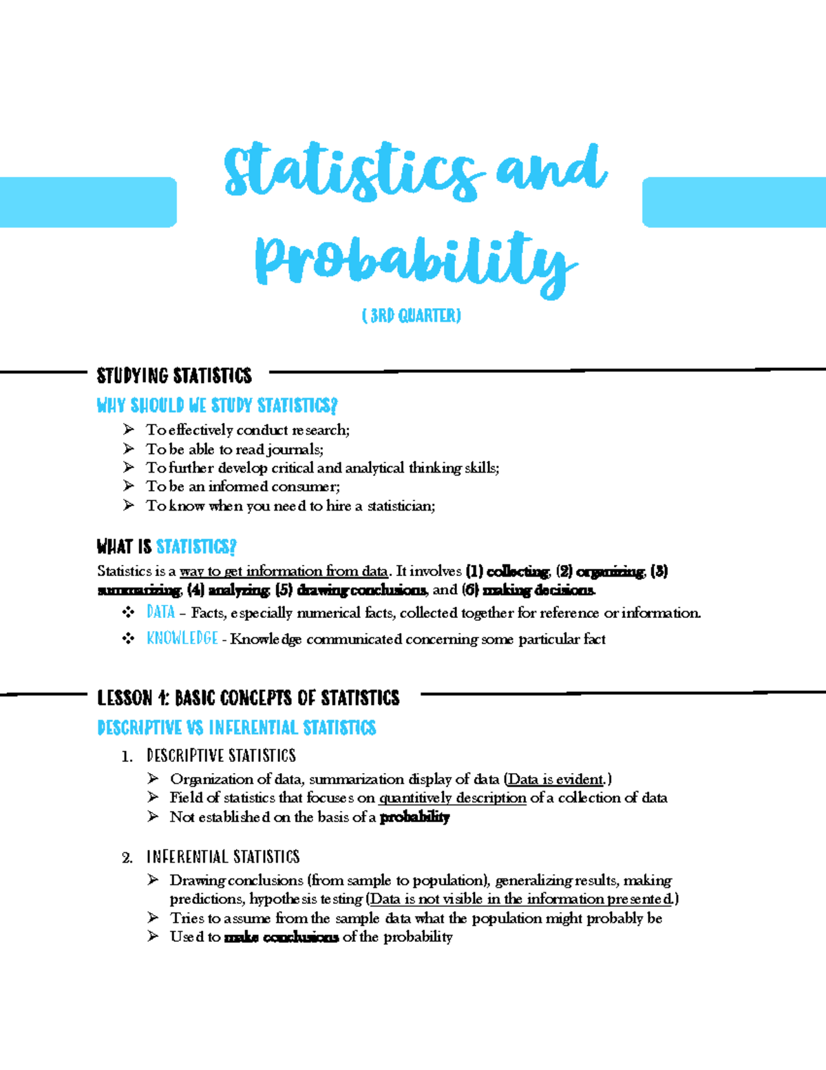 Statistics ( Complete) - Statistics and Probability (3RD QUARTER ...