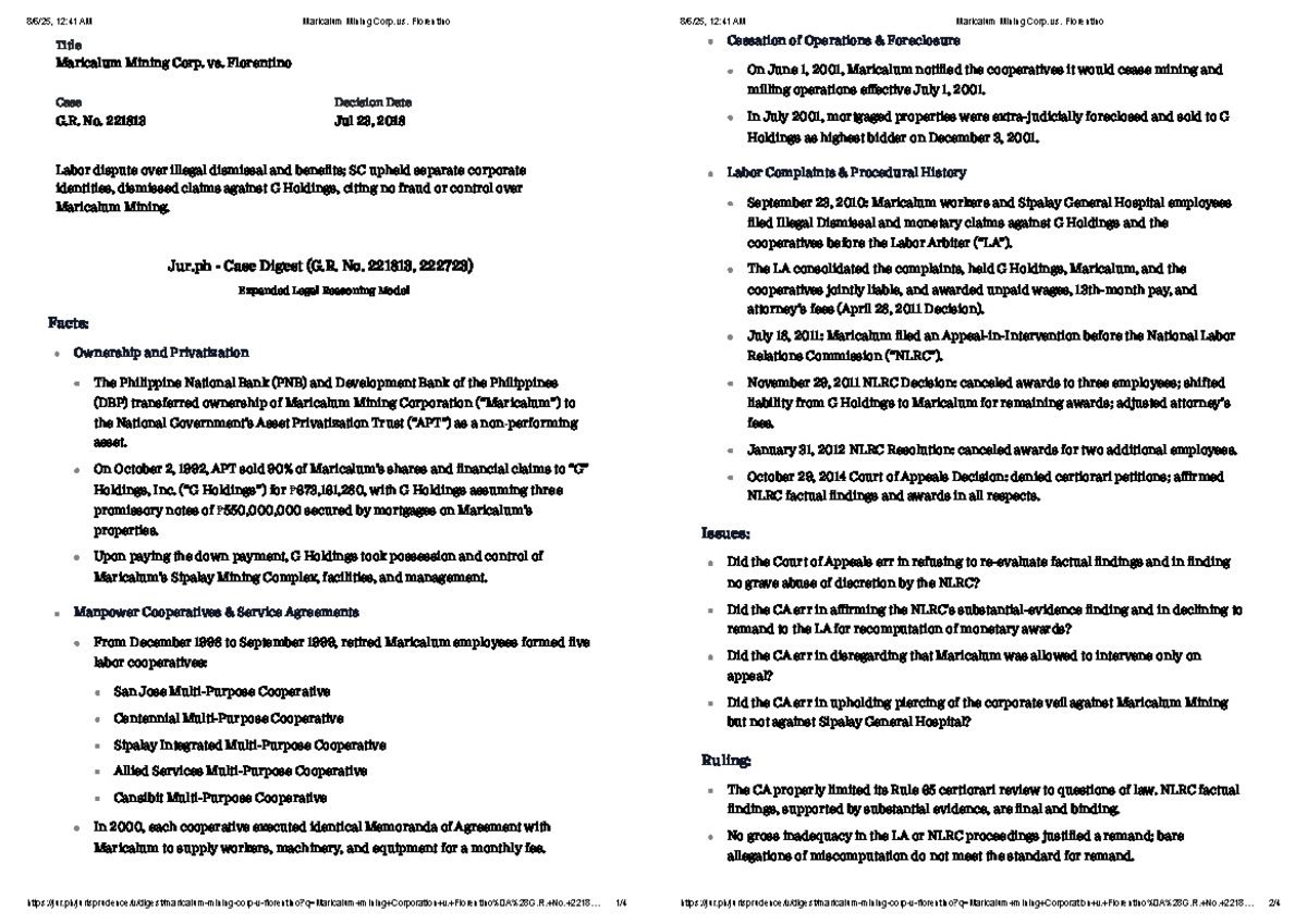 Maricalum Mining Corp. vs. Florentino: Case Digest & Legal Analysis (G ...