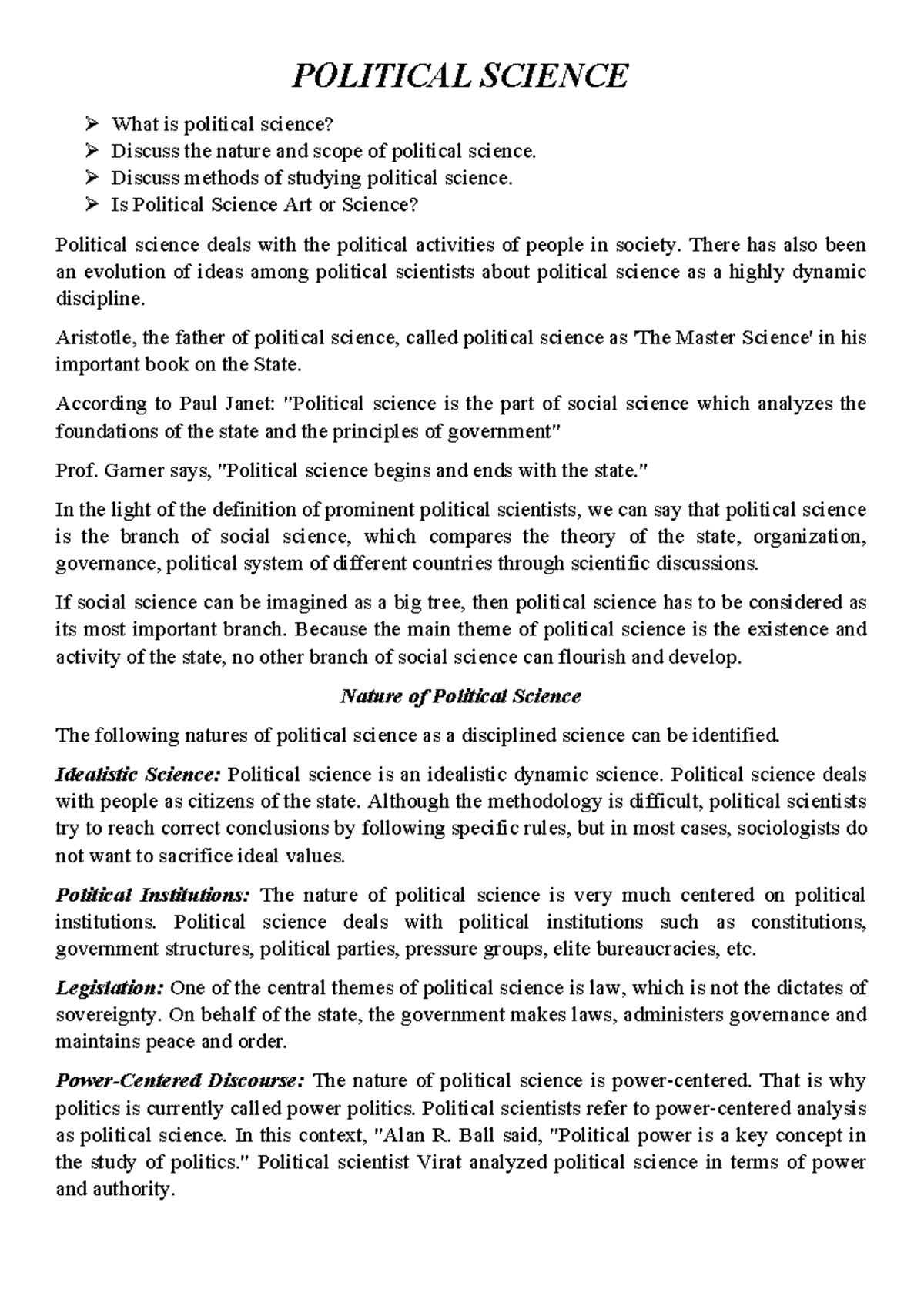 Political Science: Nature, Scope, Methods & The Science Debate - Studocu