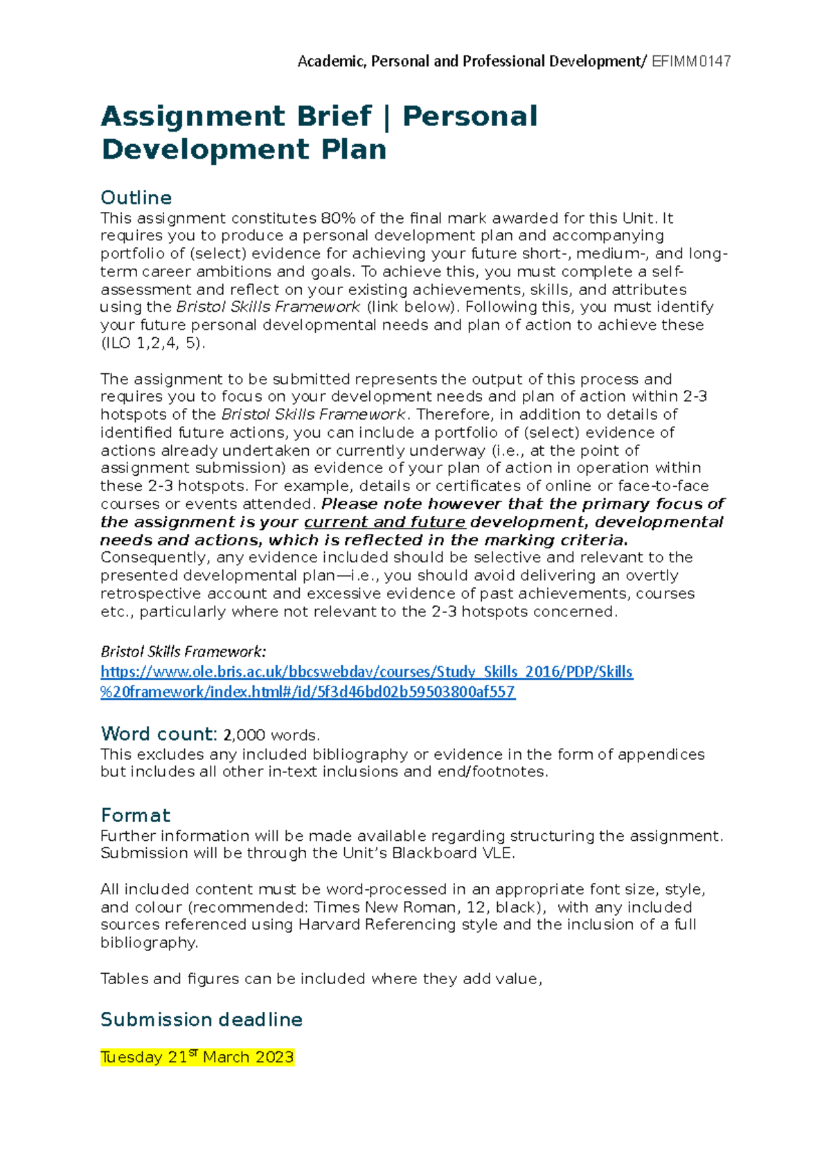 PDP assignment brief ( Final) - Academic, Personal and Professional Development/ EFIMM ...