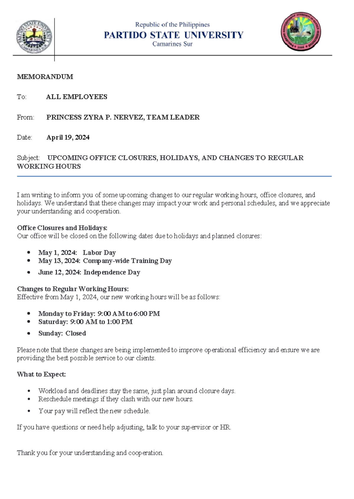 Memorandum: School Project Deadline for Sustainability Awareness ...