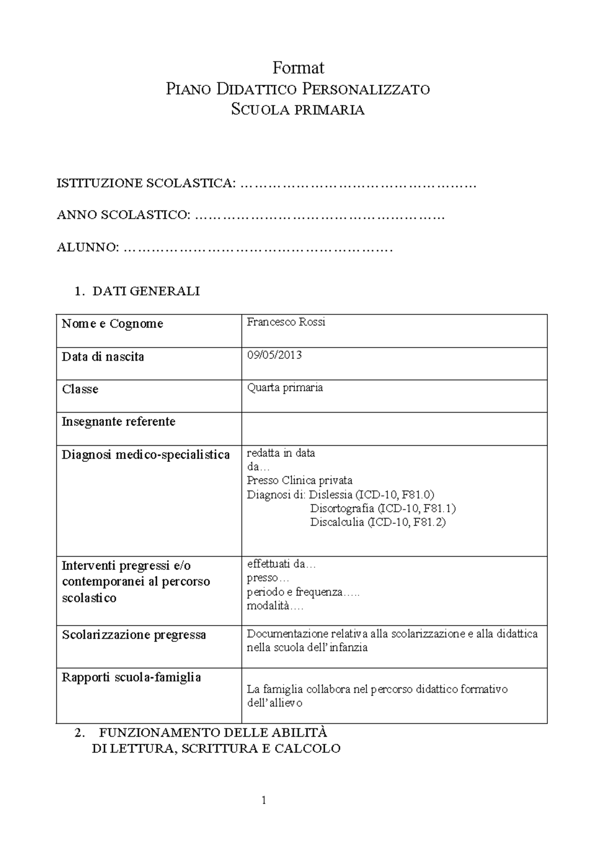 PDP Primaria per Alunno con DSA: Francesco Rossi - Anno Scolastico 2023 ...