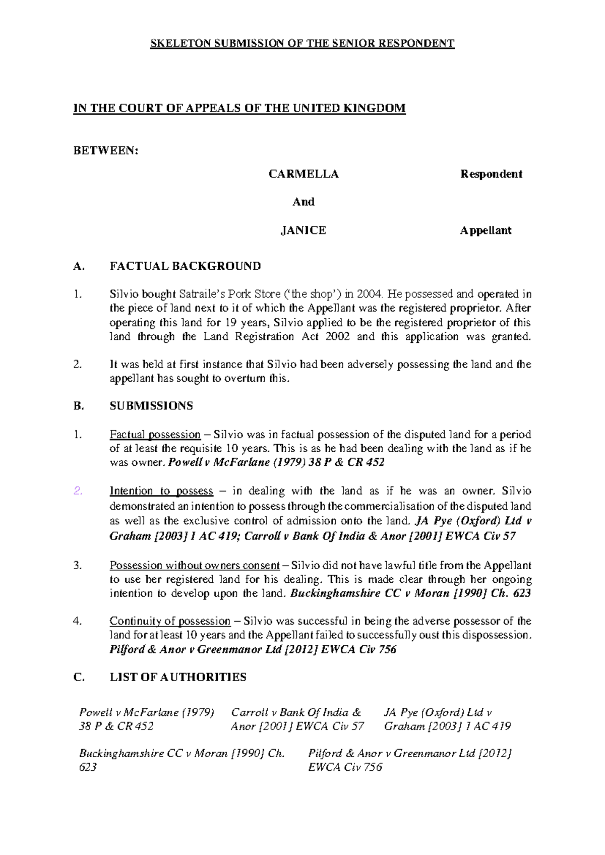 Senior Respondent Skeleton Submission for UK Court of Appeals - Studocu