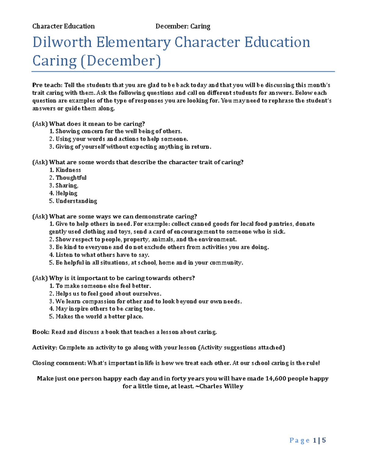 Character Education Lesson: Caring Activities for December - Studocu