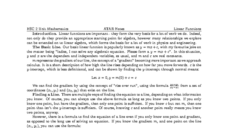 HSC 2 Unit Mathematics ATAR Notes: Introduction to Linear Functions ...