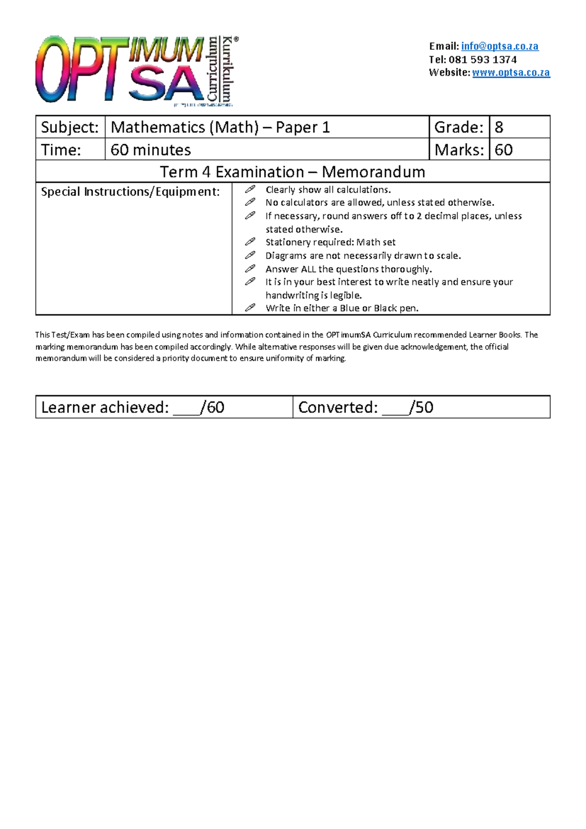 Grade 8 Math P1 T4 Exam Memorandum and Solutions - Studocu