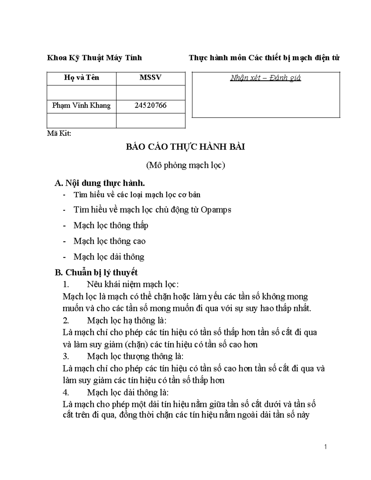 Báo Cáo Thực Hành Môn CE124: Mô Phỏng Mạch Lọc Điện Tử - Studocu