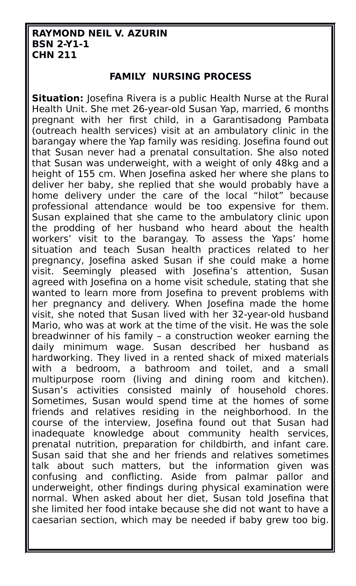 Family Nursing CARE PLAN - RAYMOND NEIL V. AZURIN BSN 2-Y1- CHN 211 ...