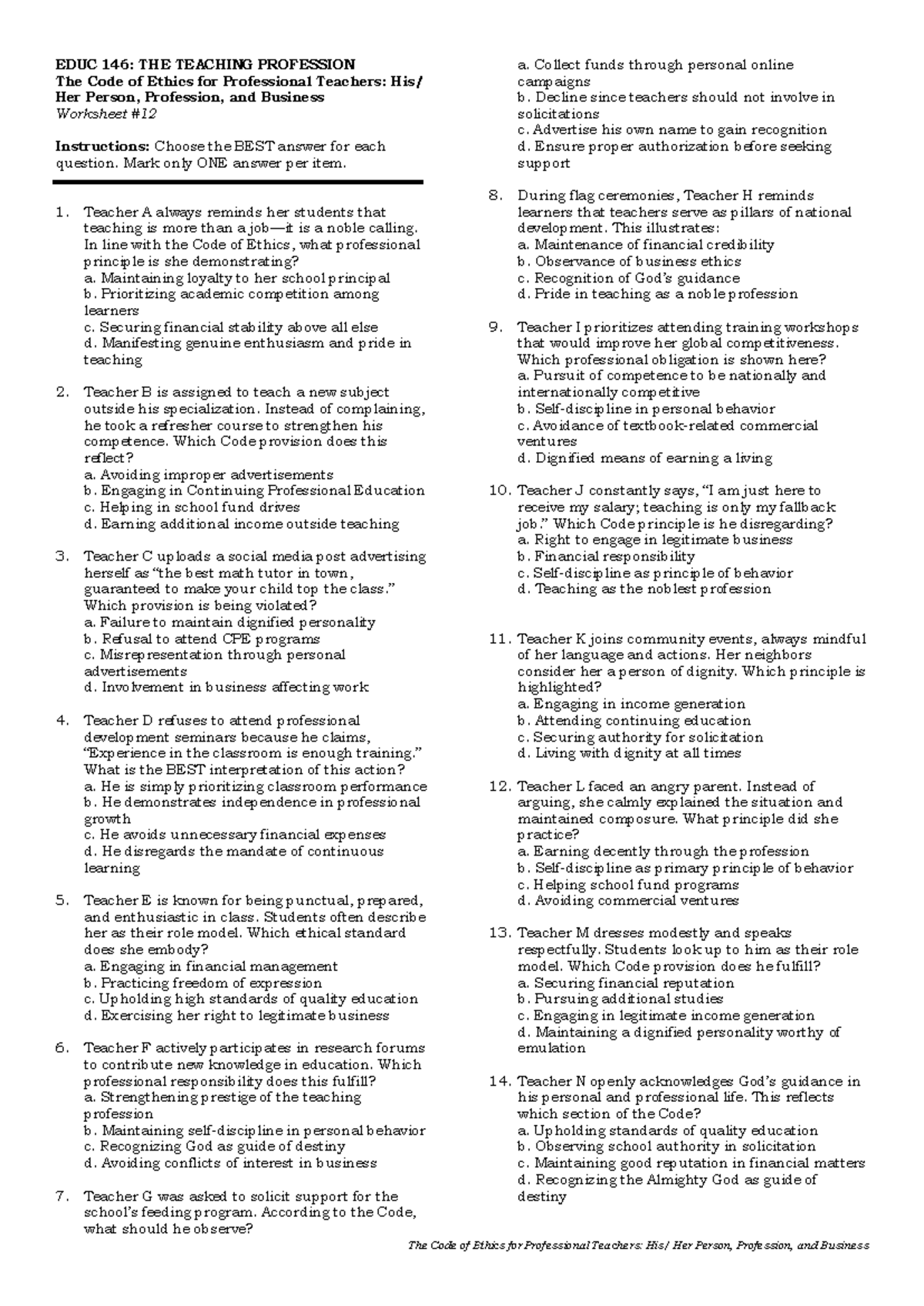 EDUC 146: The Code of Ethics for Professional Teachers Worksheet - Studocu