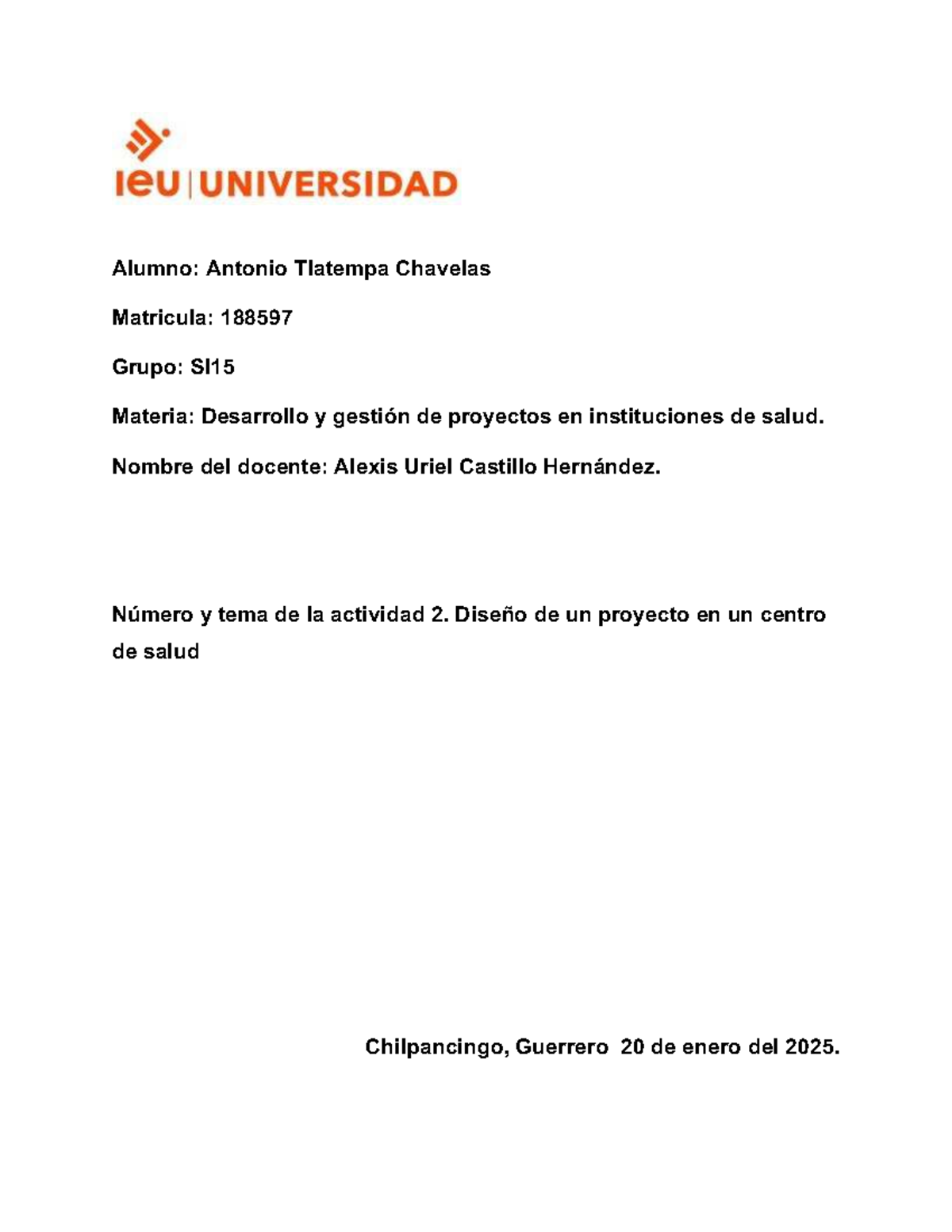 Diseño de Proyecto en Centro de Salud - SI15 - Studocu