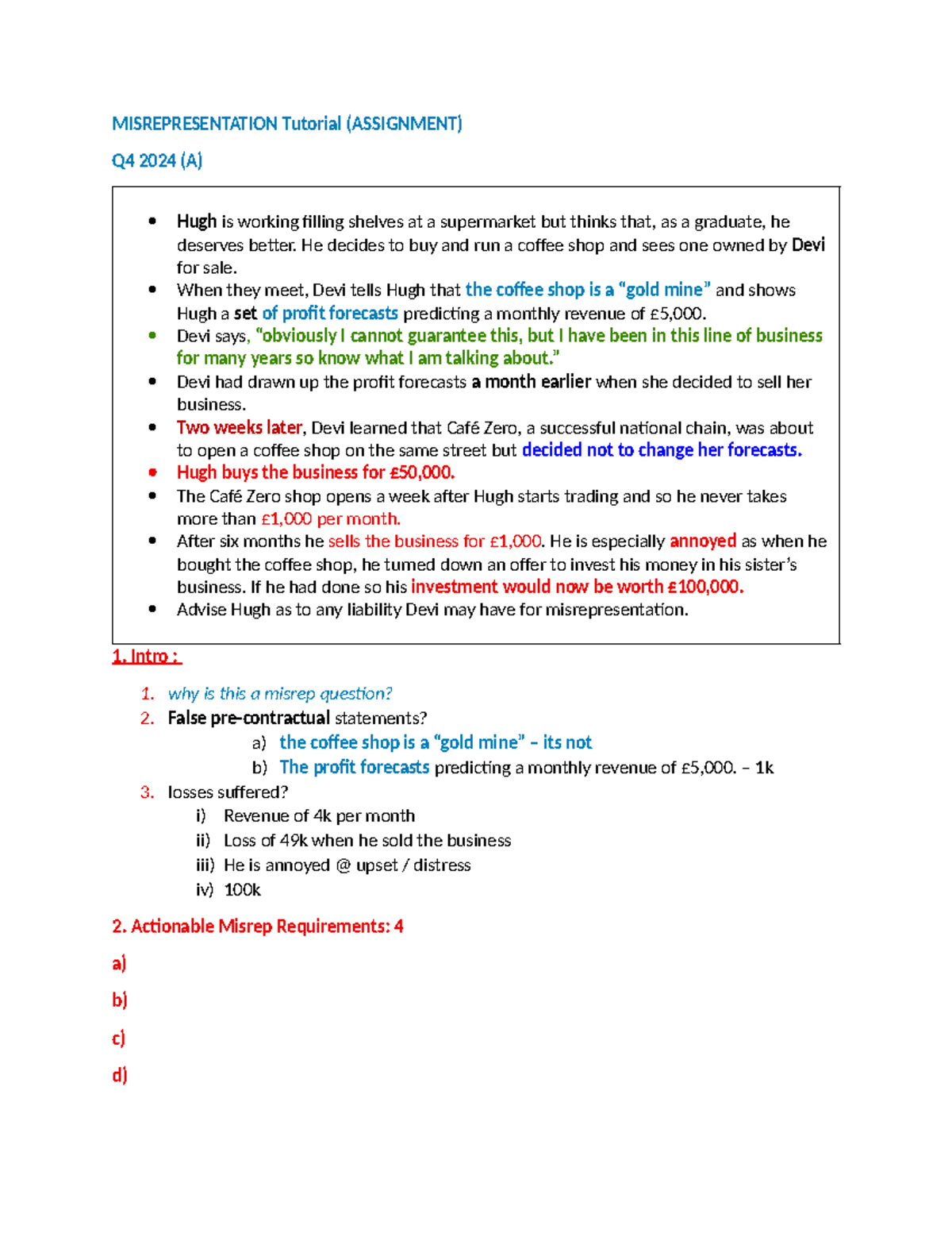 Misrepresentation 2024 questions - MISREPRESENTATION Tutorial (ASSIGNMENT) Q4 2024 (A) Hugh is ...