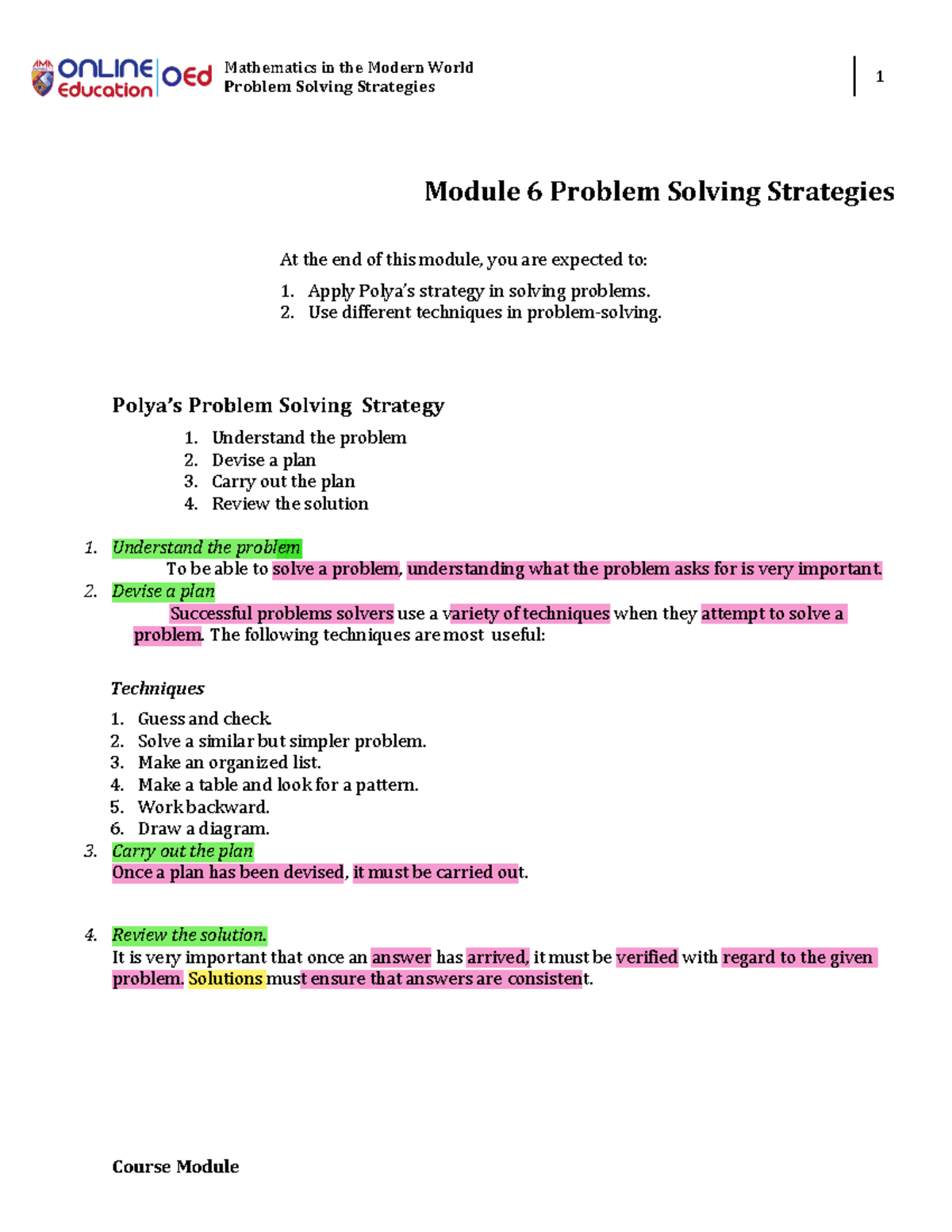 Module 6 Problem Solving Strategies - Mathematics in the Modern World Problem Solving Strategies ...