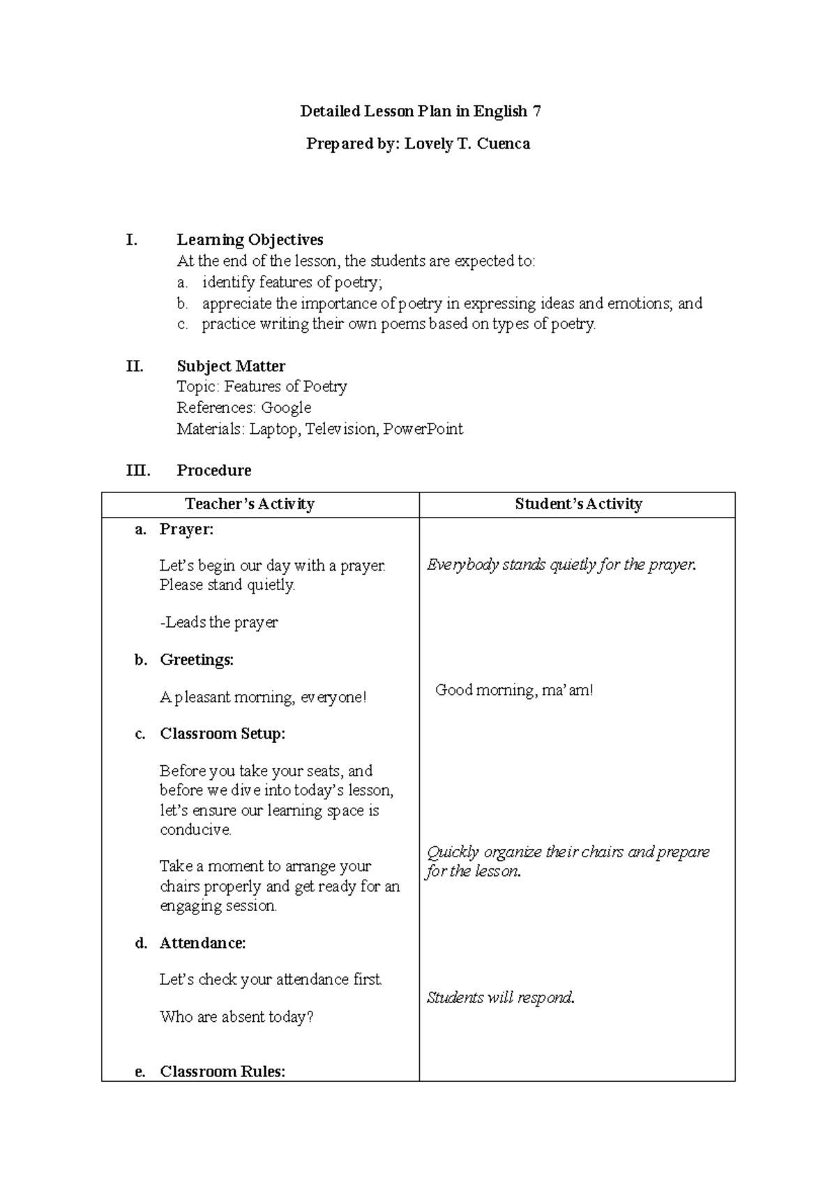Grade 7 English: Features of Poetry Detailed Lesson Plan - Studocu